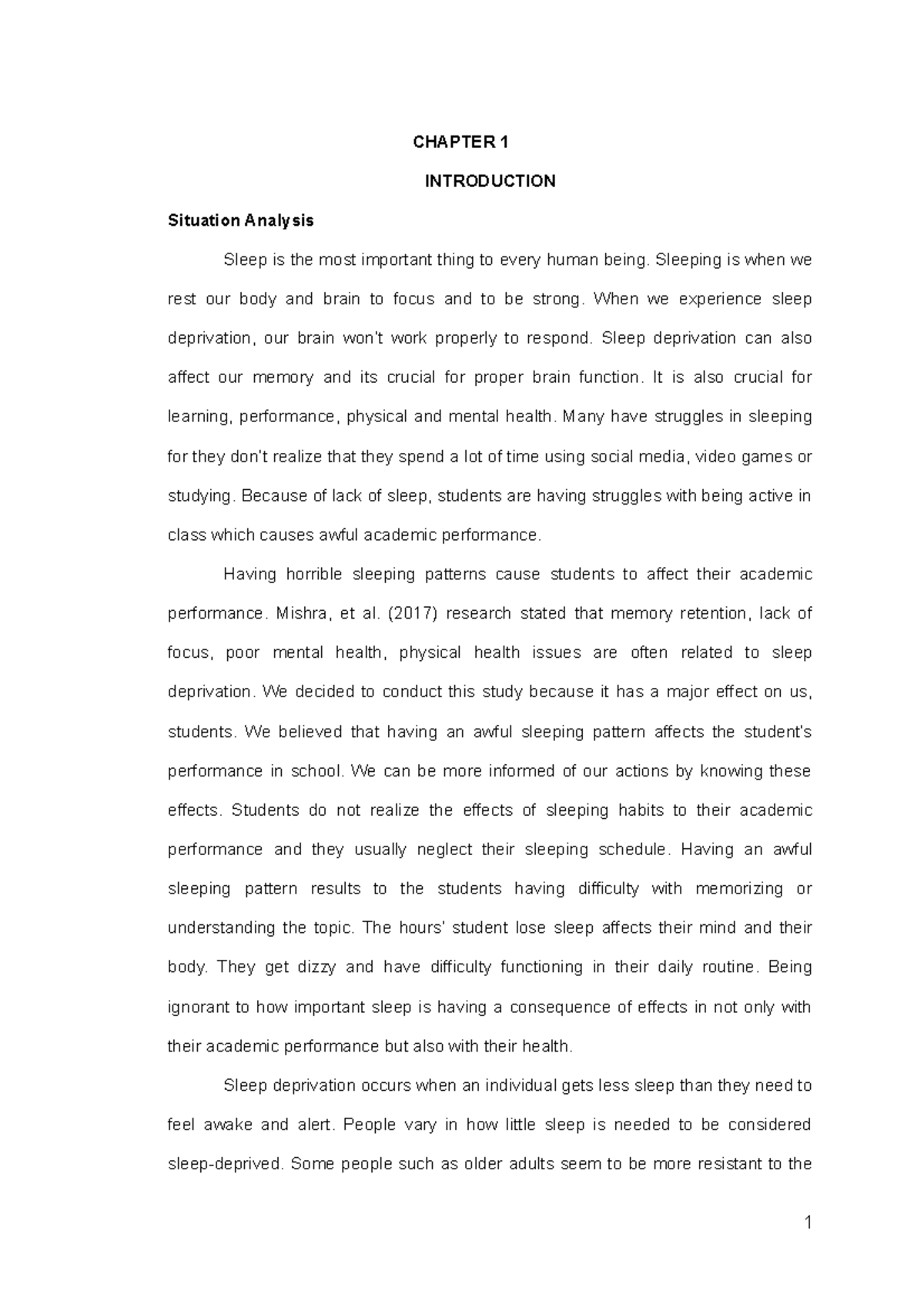 Sample PR 2 Research - CHAPTER 1 INTRODUCTION Situation Analysis Sleep ...