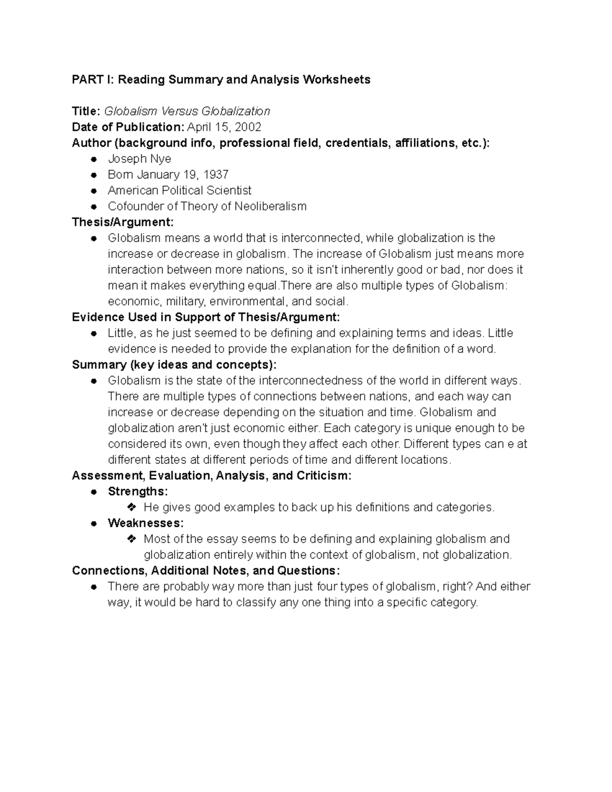 Debating Global Issues Assignment #1 - PART I: Reading Summary and ...