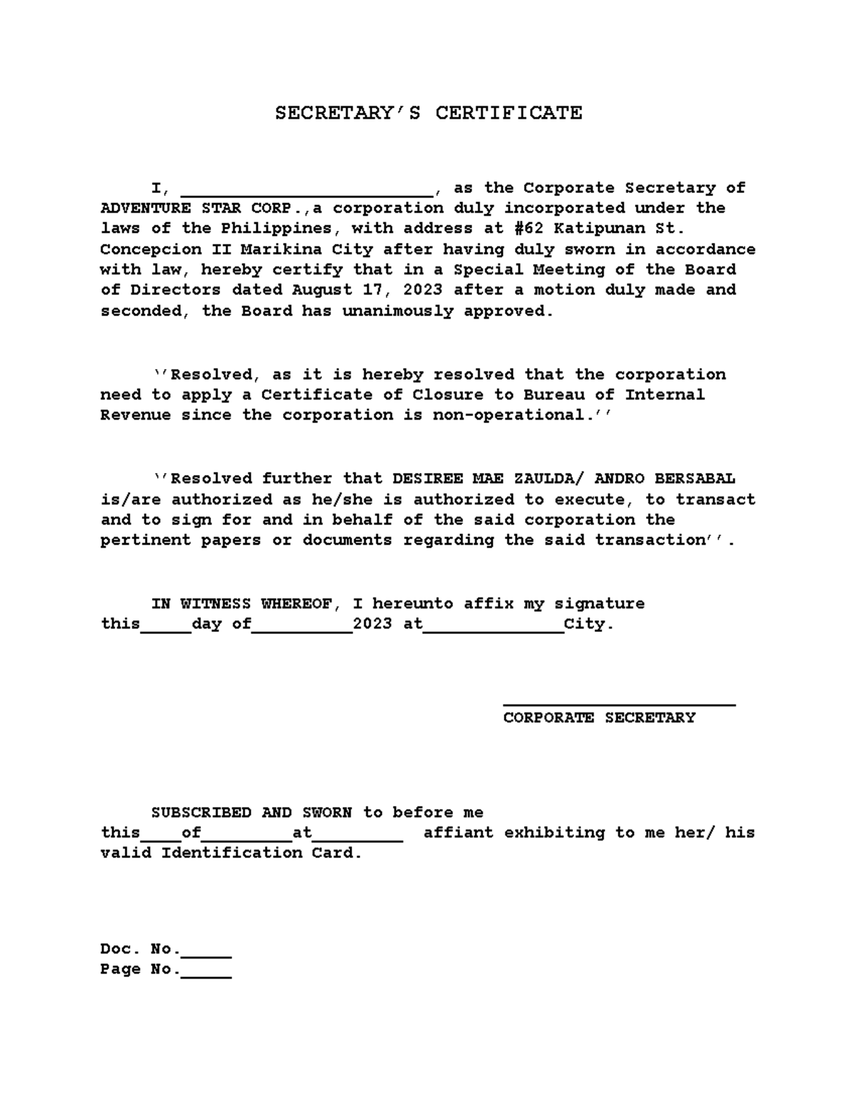 Secretary Certificate FOR Closure - SECRETARY’S CERTIFICATE I