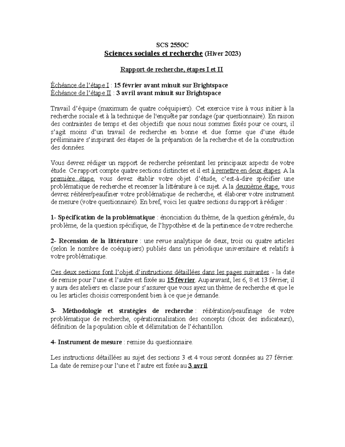 SCS2550 C-Travail de session I - SCS 2550C Sciences sociales et recherche (Hiver 2023) Rapport ...