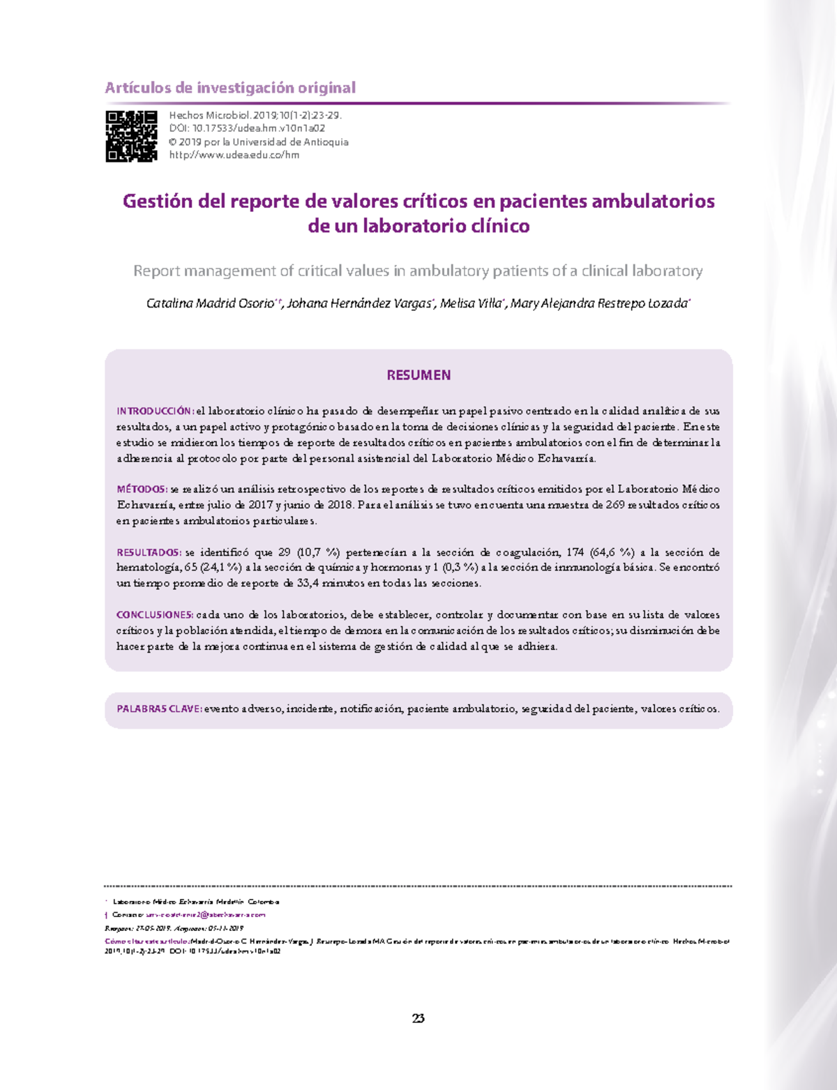 Gestión del reporte de valores críticos en pacientes ambulatorios de un ...