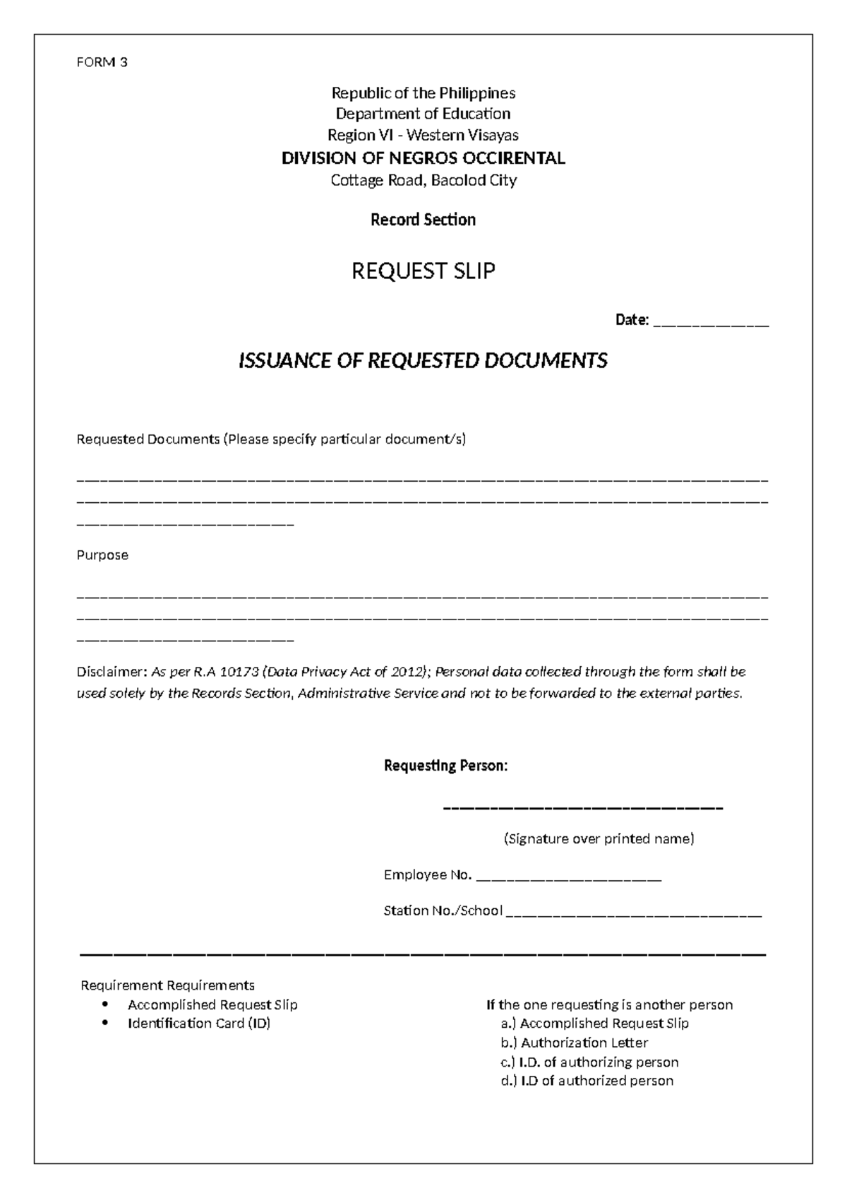 Request Slip - Records - FORM 3 Republic of the Philippines Department ...
