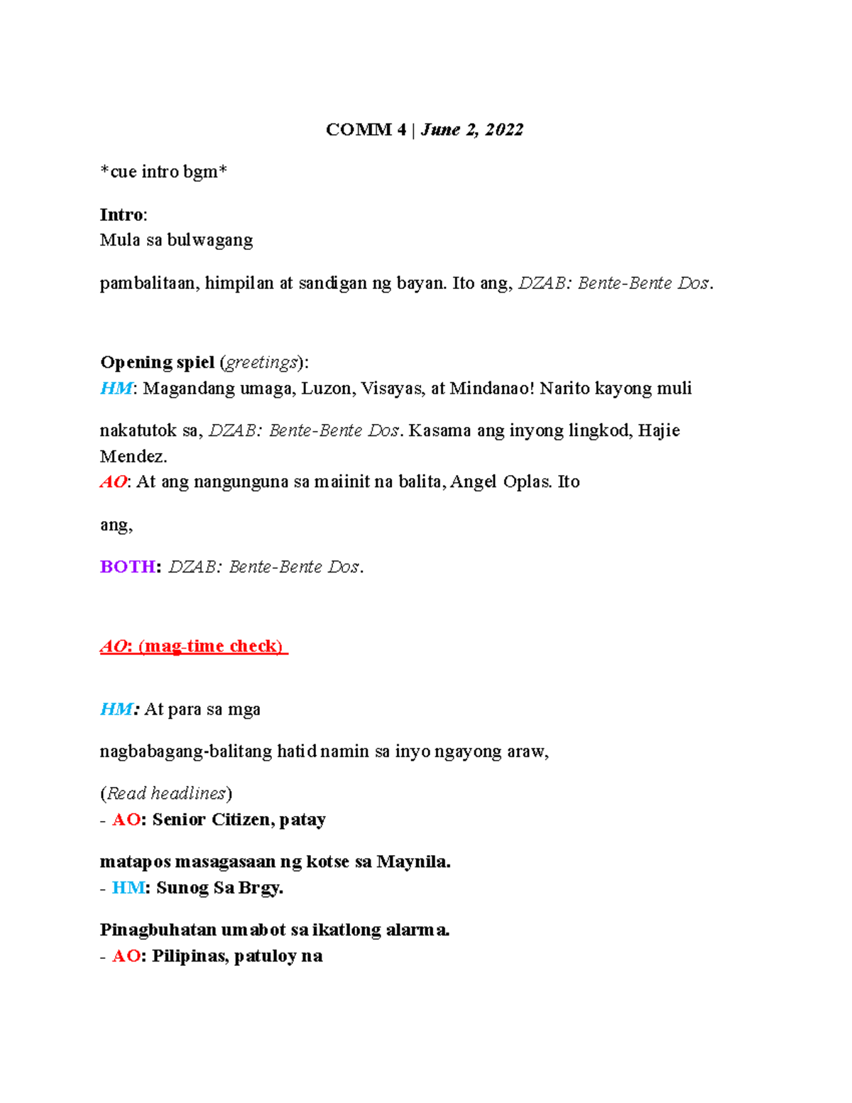 COMM 4 Script - Radio Broadcast spiel - COMM 4 | June 2, 2022 cue intro ...