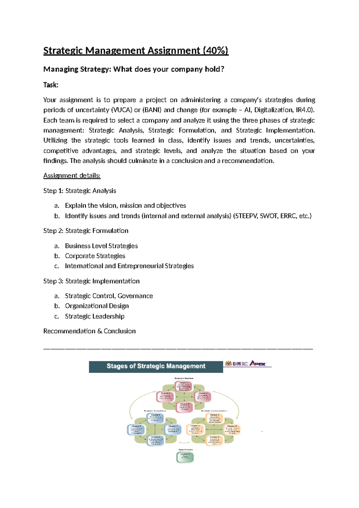 Strategic Management Assignment (40%) - Each team is required to select a company and analyze it ...