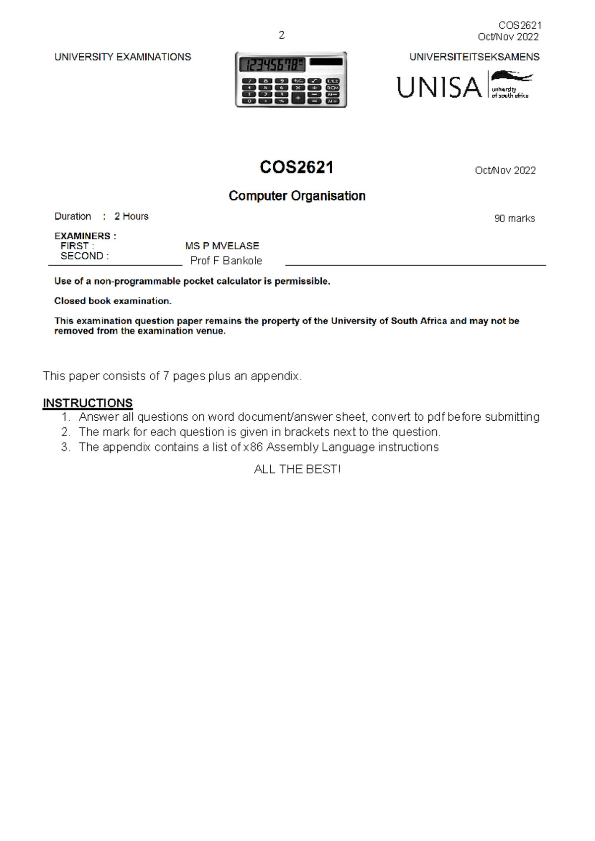 COS2621 October examination 2022 - 2 Oct/Nov 2022 This paper consists ...