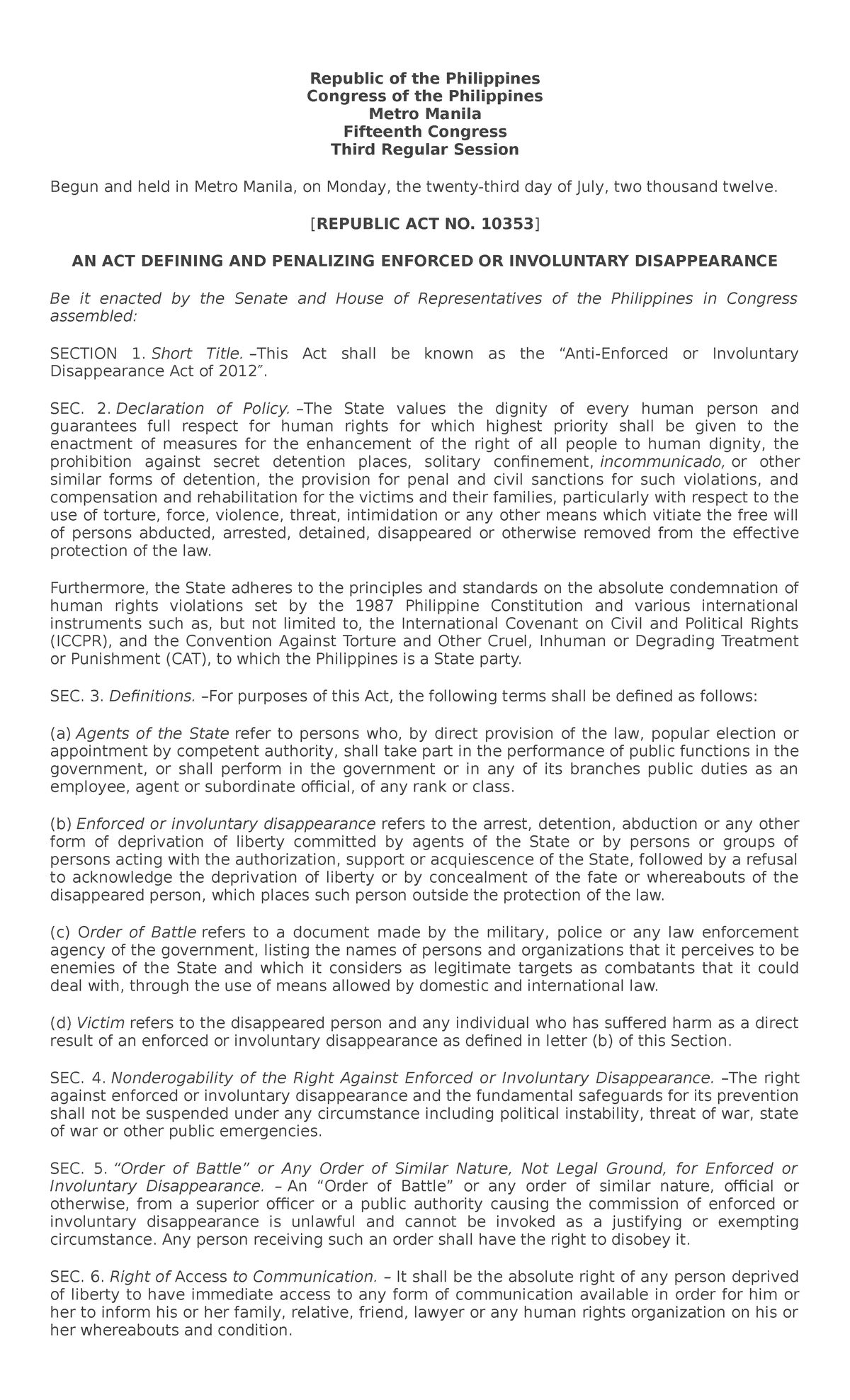 Republic ACT NO. 10353 - Republic of the Philippines Congress of the ...