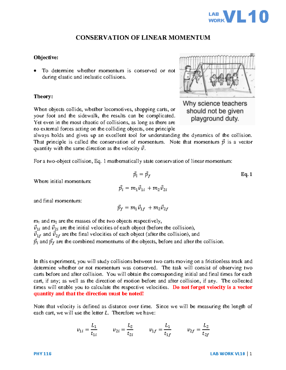 PHY116Momentum VL 10Rev - PHY 116 LAB WORK VL10 | 1 LAB WORK VL ...