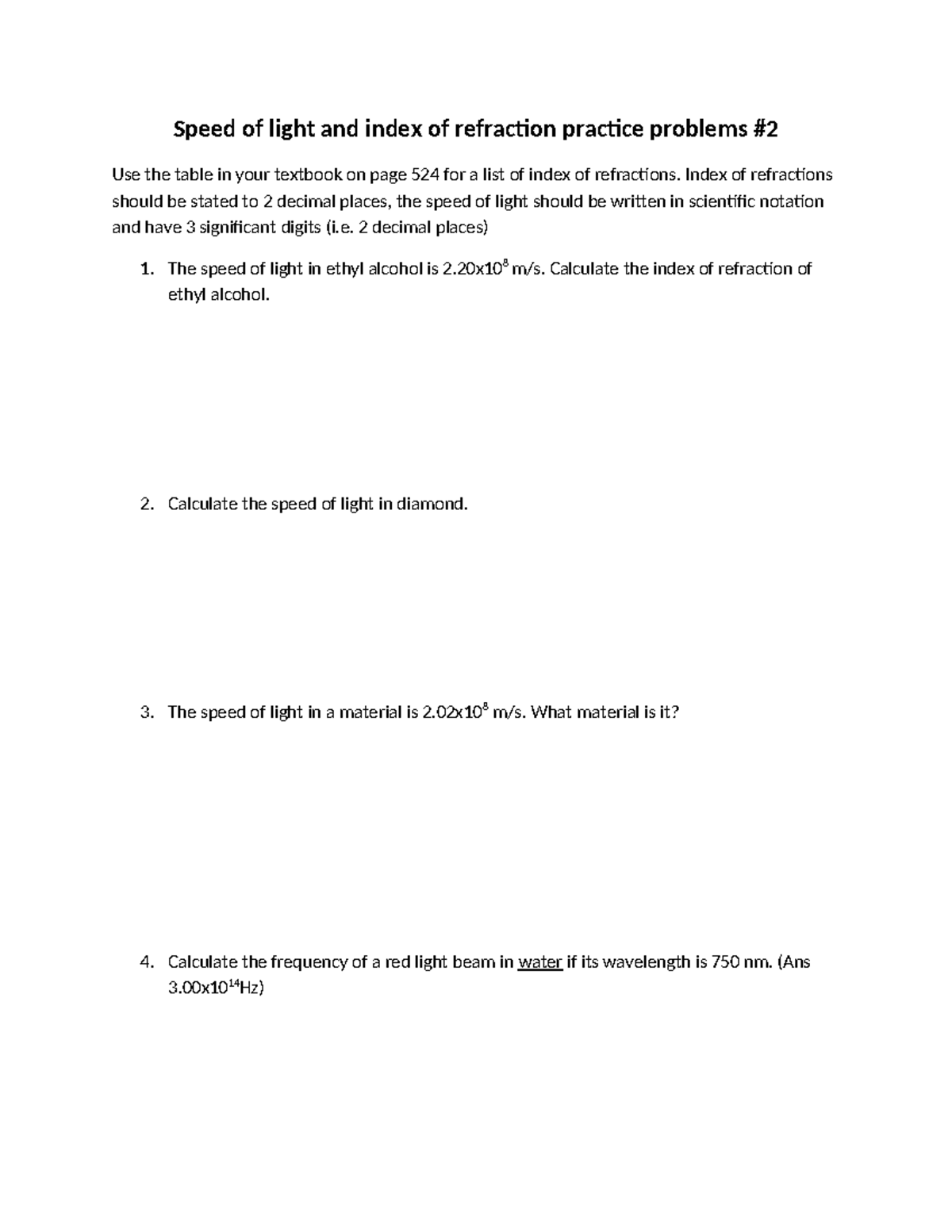 Speed of light and index of refraction practice problems #2 - Index of ...