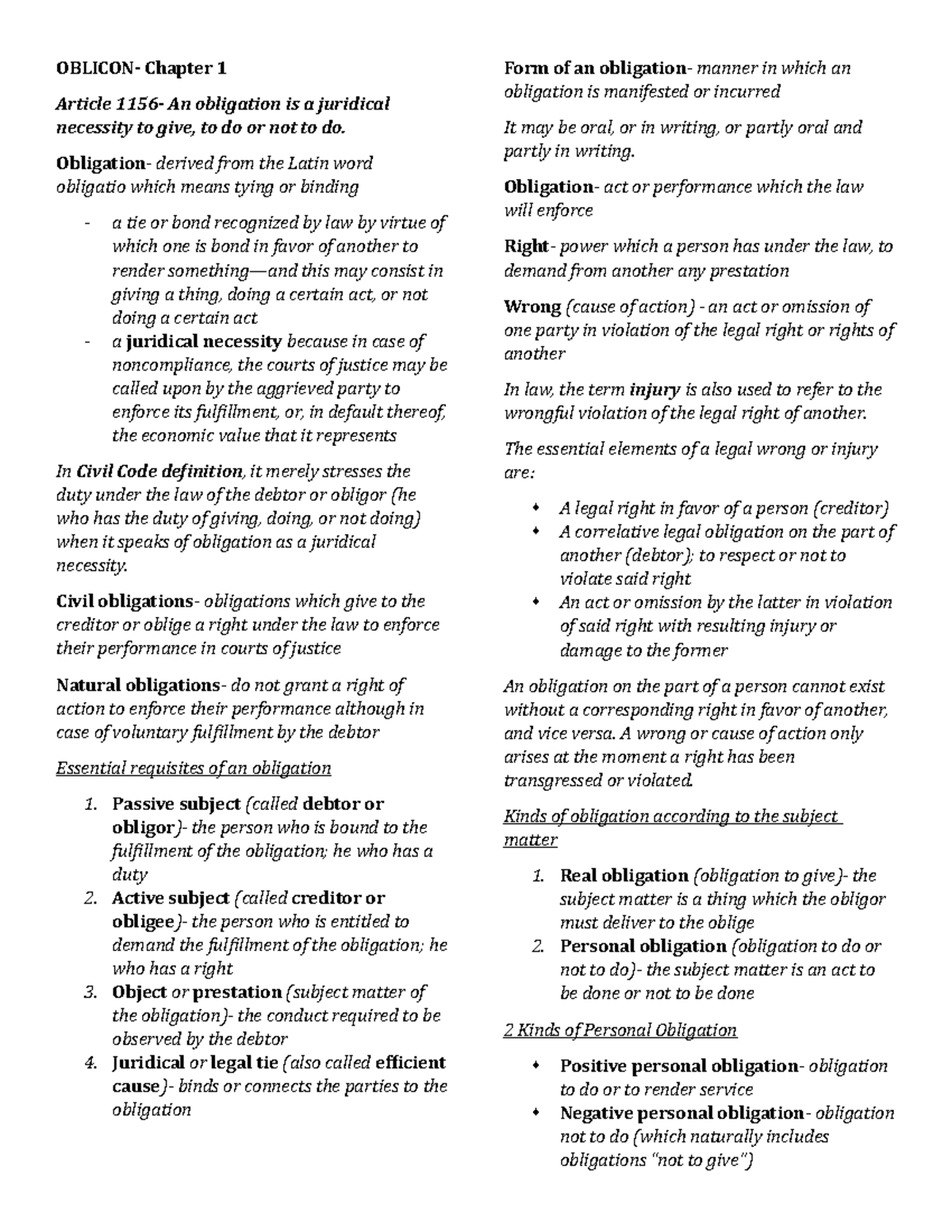 Oblicon-ch1 - oblicon - OBLICON- Chapter 1 Article 1156- An obligation ...