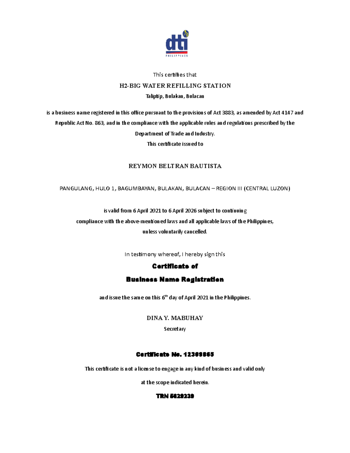 Business Permit sample format as a dsa sa - BSED- Science - BSU - Studocu