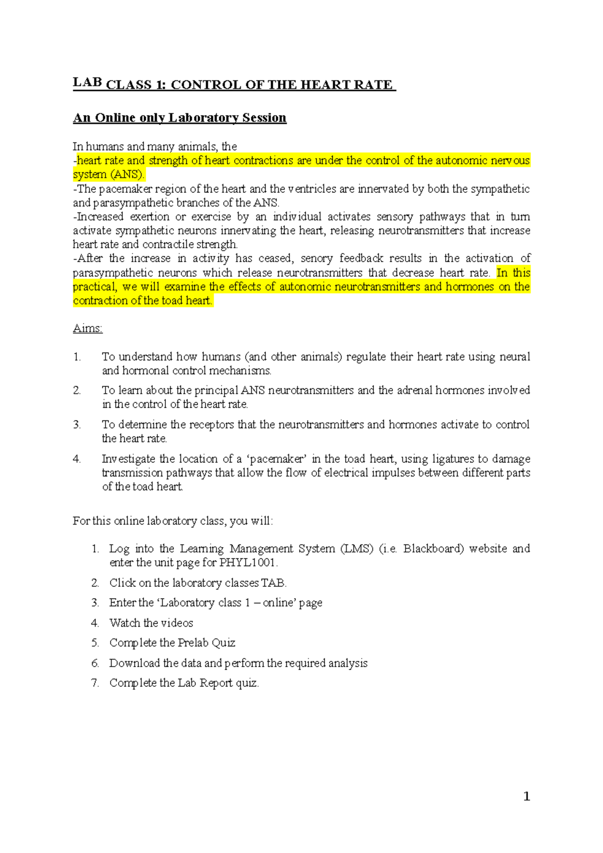 LAB Class 1 - Control of the heartbeat - Lab Manual - LAB CLASS 1 ...