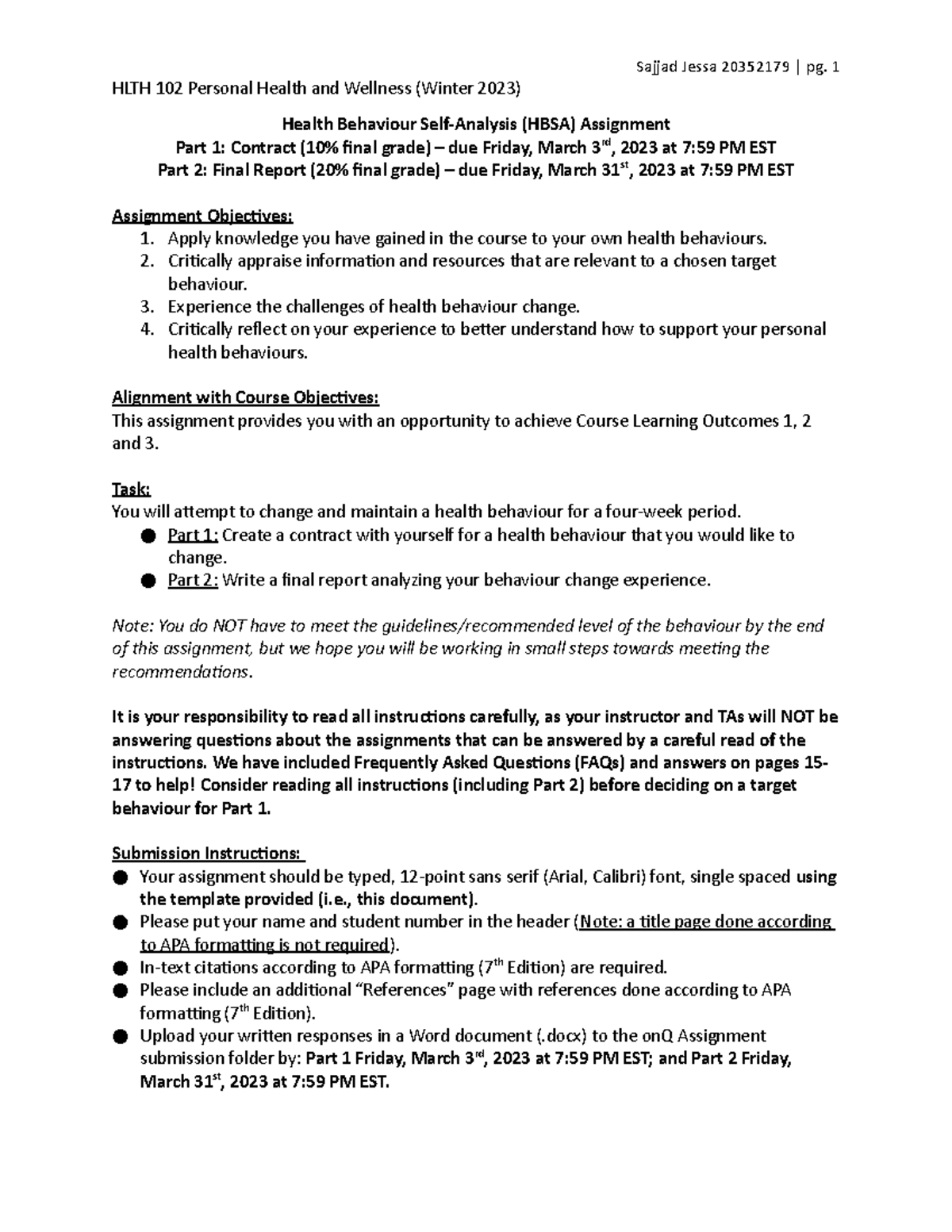 HBSA Assignment Instructions pt. 1-2 W2023 - HLTH 102 Personal Health ...