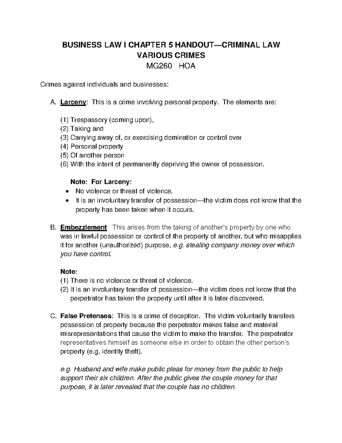 Chapter 5 handout-various crimes - BUSINESS LAW I CHAPTER 5 HANDOUT ...