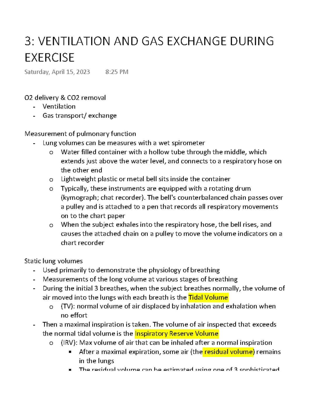 Ventilation AND GAS Exchange During Exercise - O2 delivery & CO2 ...