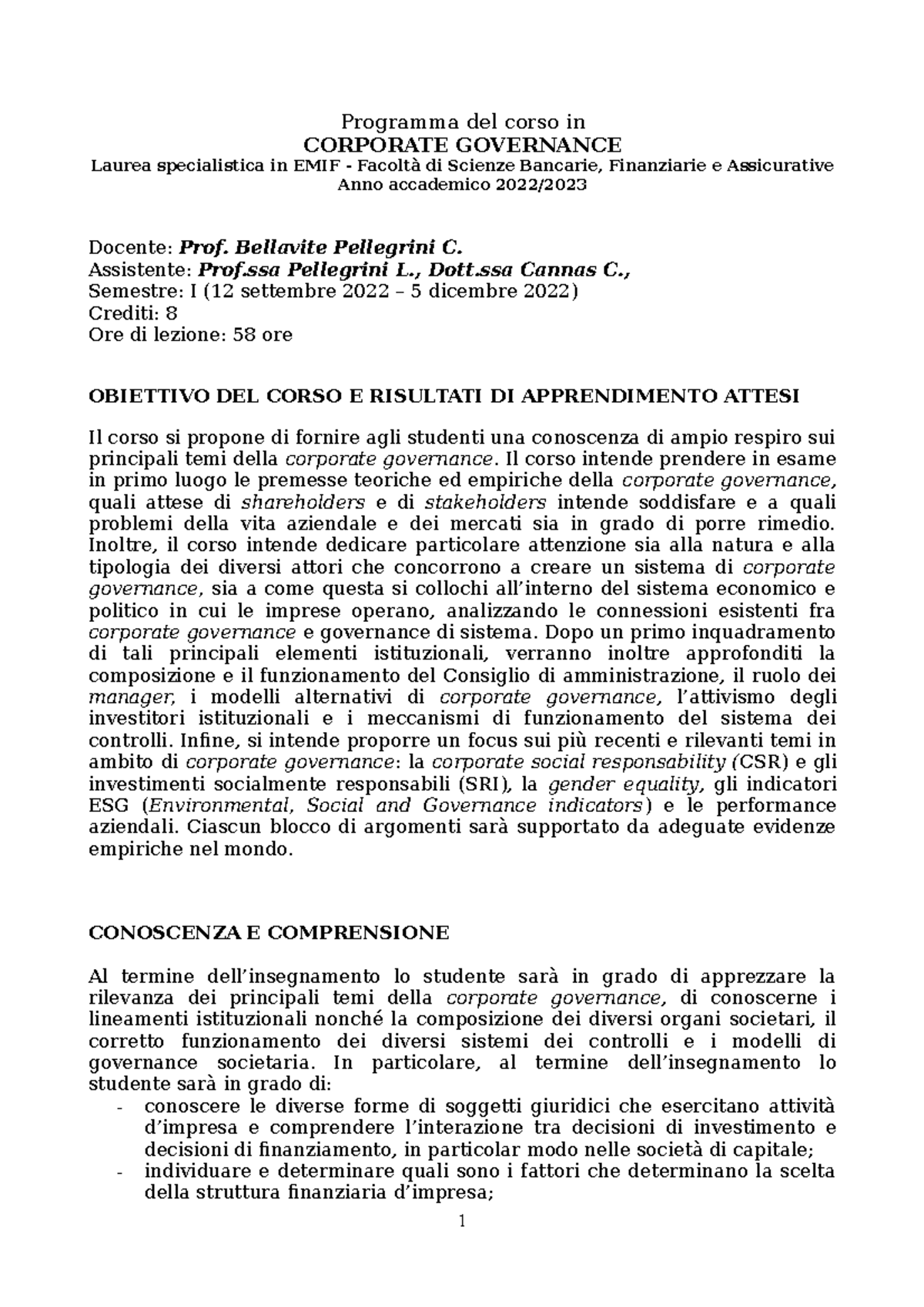 Programma del corso in Corporate Governance dettagliato 22 23 ...