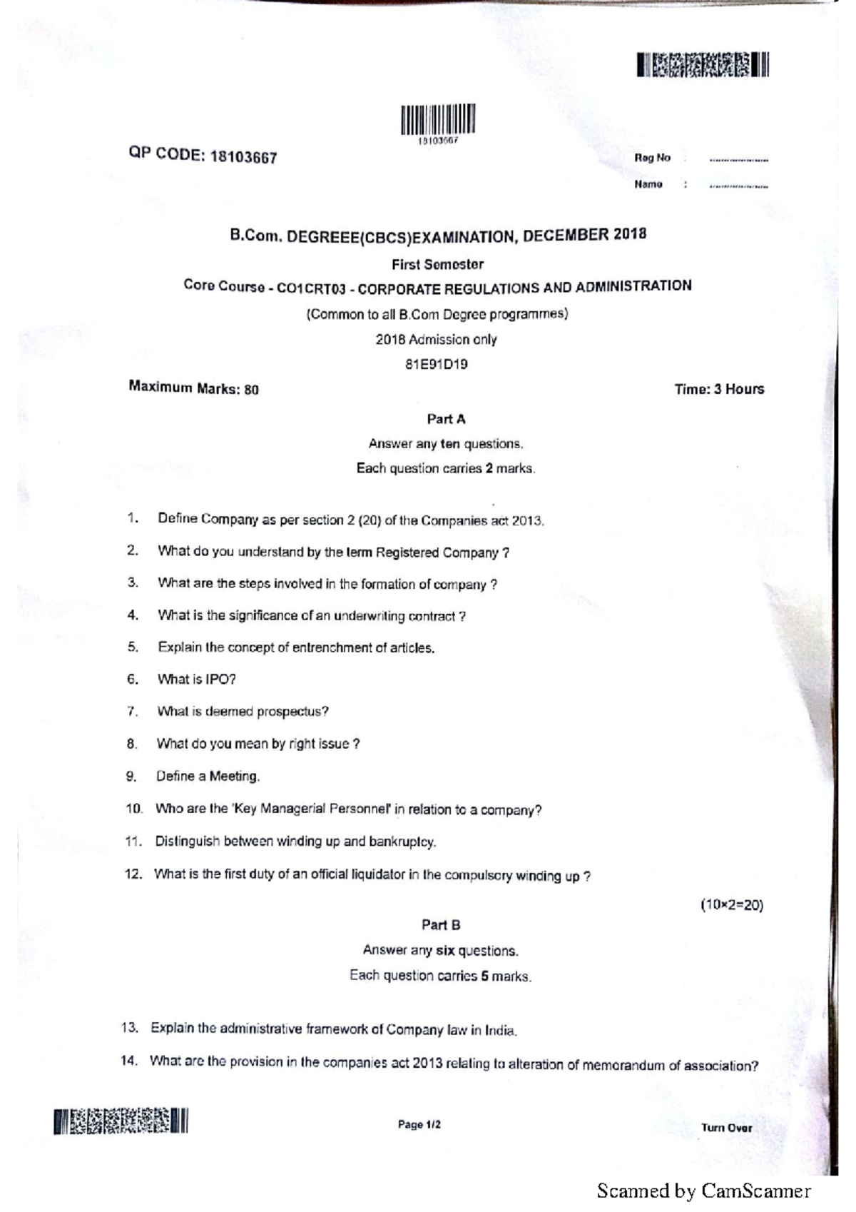 Corporate regulation and administration 2018 min - Question paper for ...
