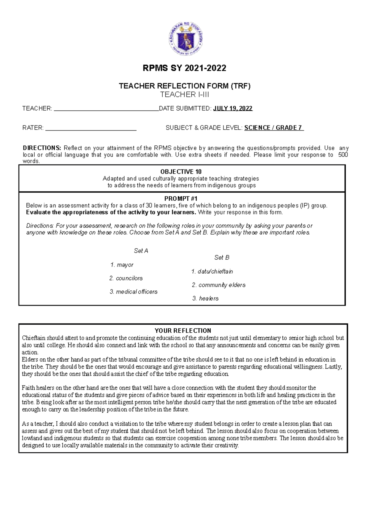 Reflection Paper - NONE - RPMS SY 2021- TEACHER REFLECTION FORM (TRF ...