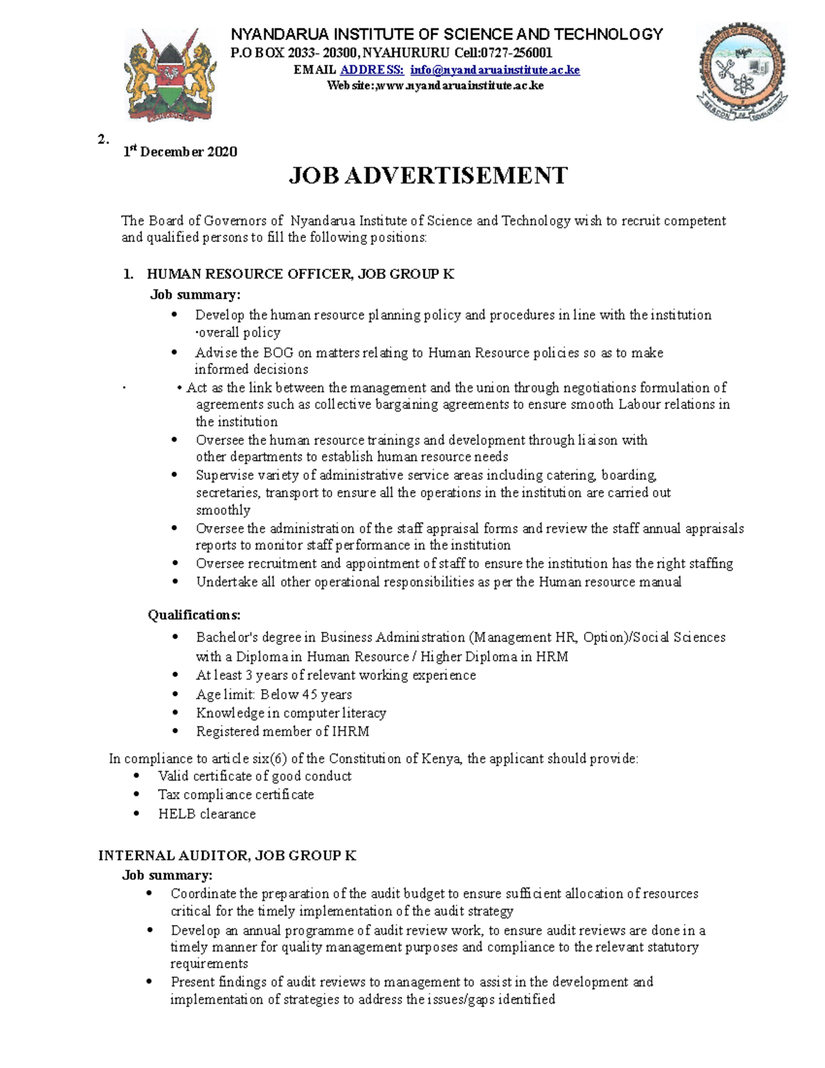 Final- Advert - PRACTICE - 2. INTERNAL AUDITOR, JOB GROUP K Job summary ...