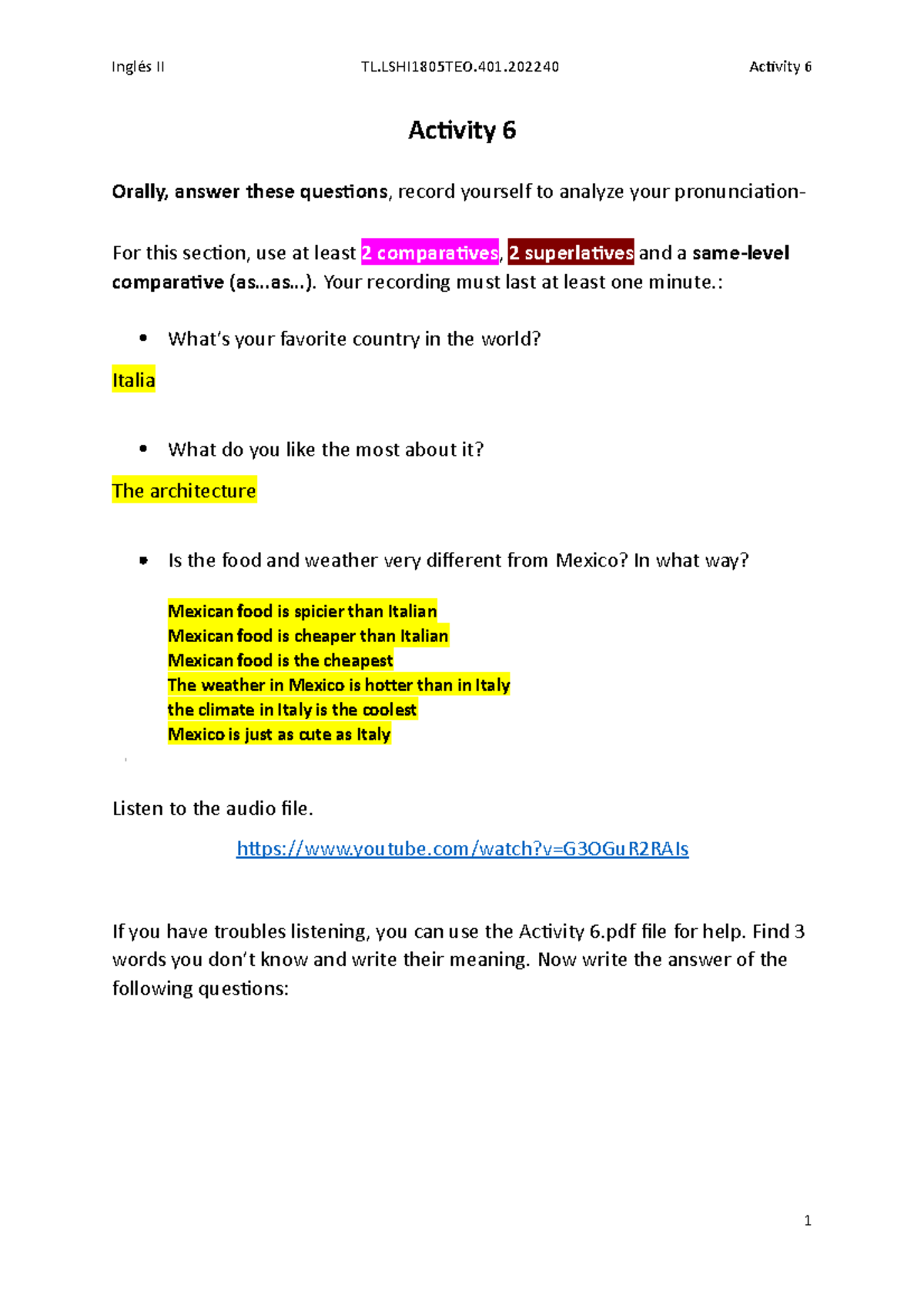 Activity 6 complete part 1 - Inglés II TL.LSHI1805TEO.401 Activity 6 ...