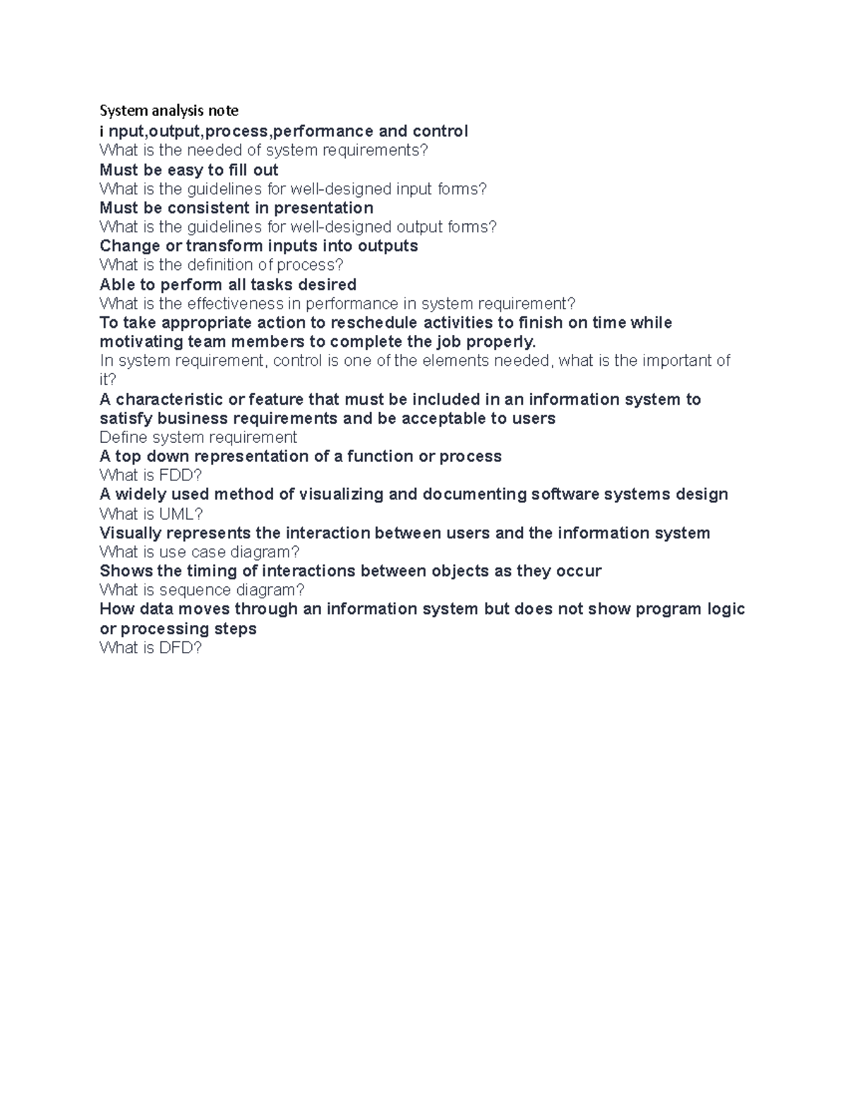 System analysis note - In system requirement, control is one of the ...