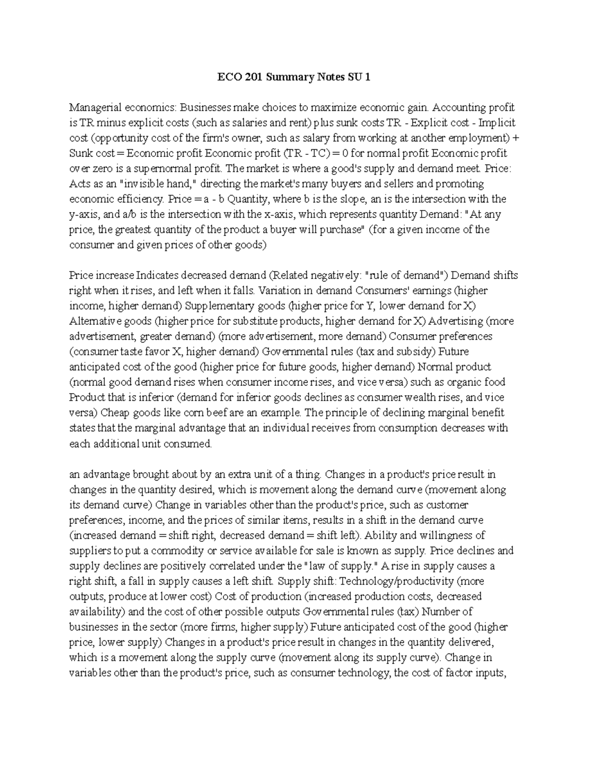 ECO 201 Summary Notes SU 1 - ECO 201 Summary Notes SU 1 Managerial ...