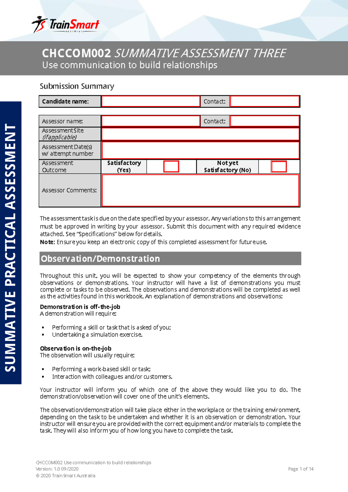 Chccom 002 Summative Assessment Three 2020 v1.0 Student - CHCCOM002 Use communication to build ...