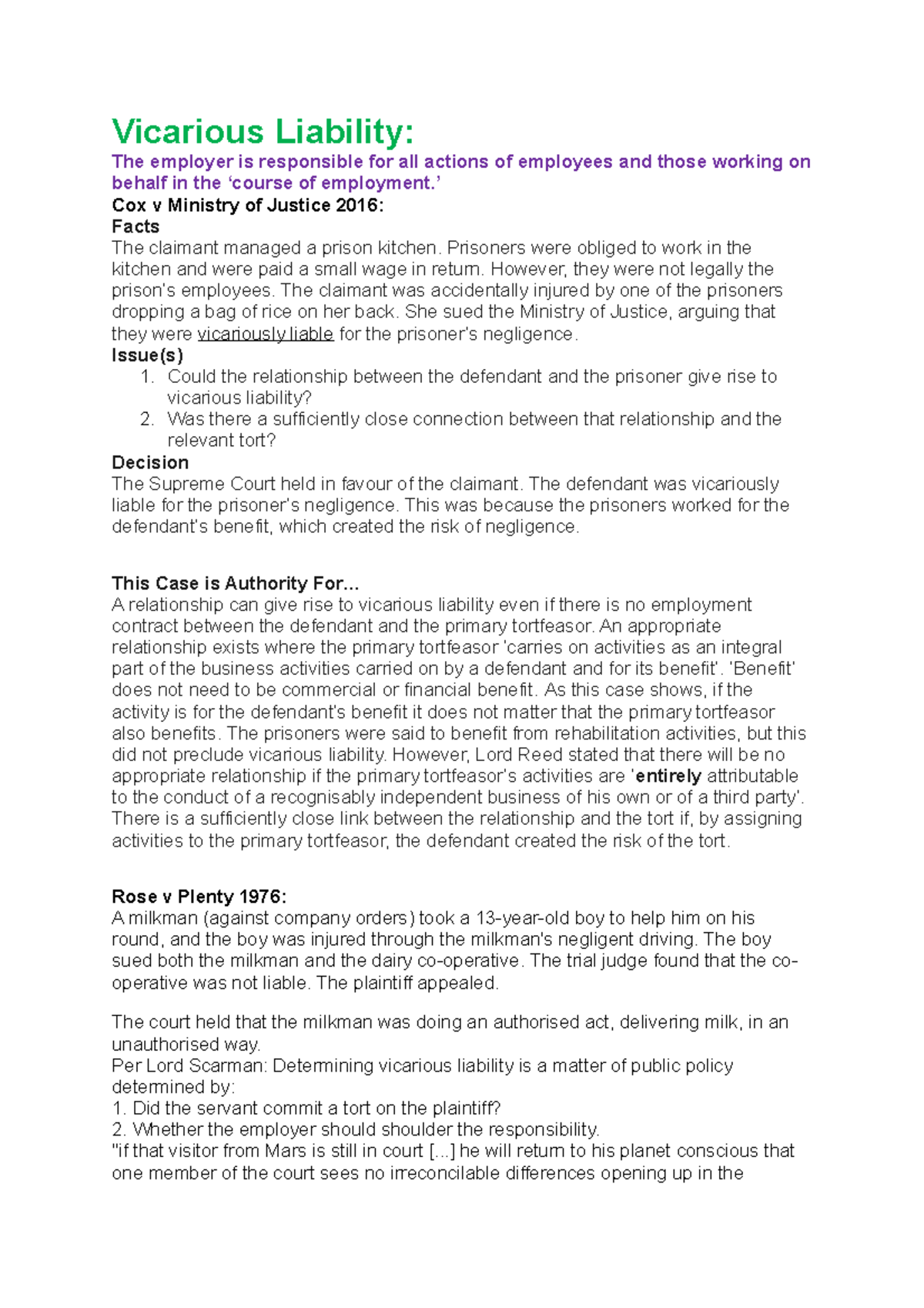 Vicarious Liability - These lecture notes provide in depth detail about ...