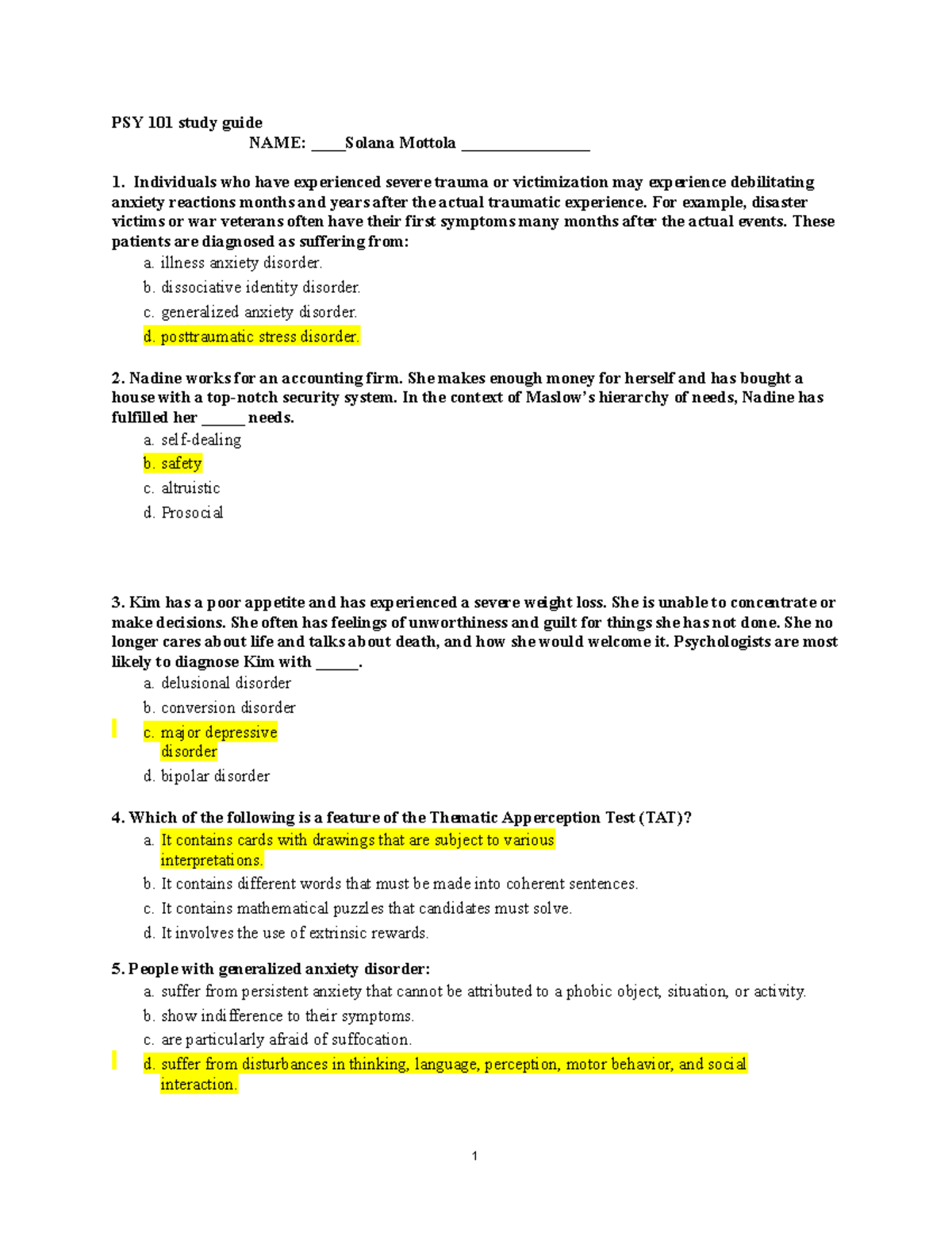 PSY 101 Final EXAM - PSY 101 study guide NAME: ____Solana Mottola ...