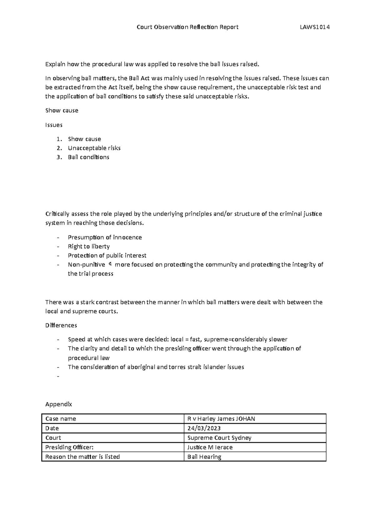 Court Report - Court Observation Reflection Report LAWS Explain how the ...