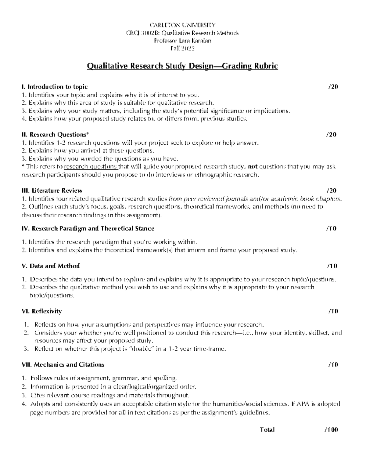 CRCJ 3002B Grading Rubric Qualitative Research Study Design F2022 ...