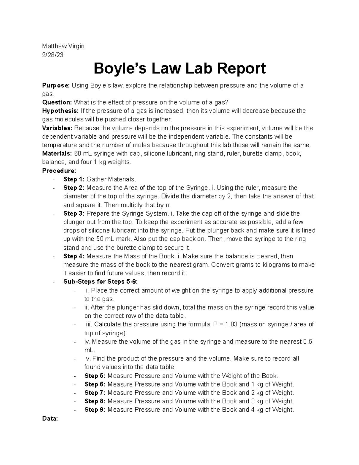 Boyles Law Lab Report - Matthew Virgin 9/28/ Boyle’s Law Lab Report ...