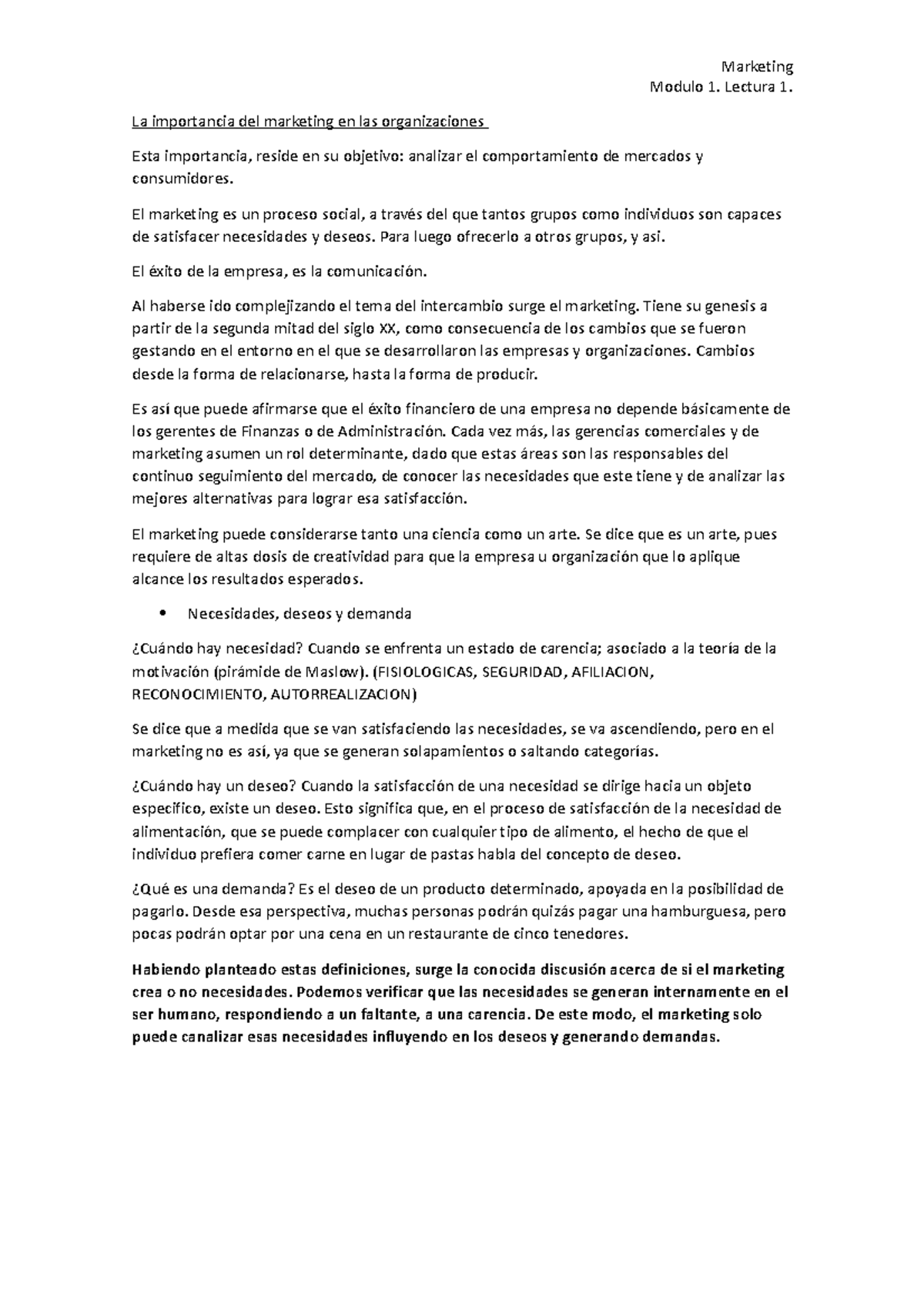 Modulo 1. Lectura 1. Marketing - Modulo 1. Lectura 1. La importancia del marketing en las - Studocu