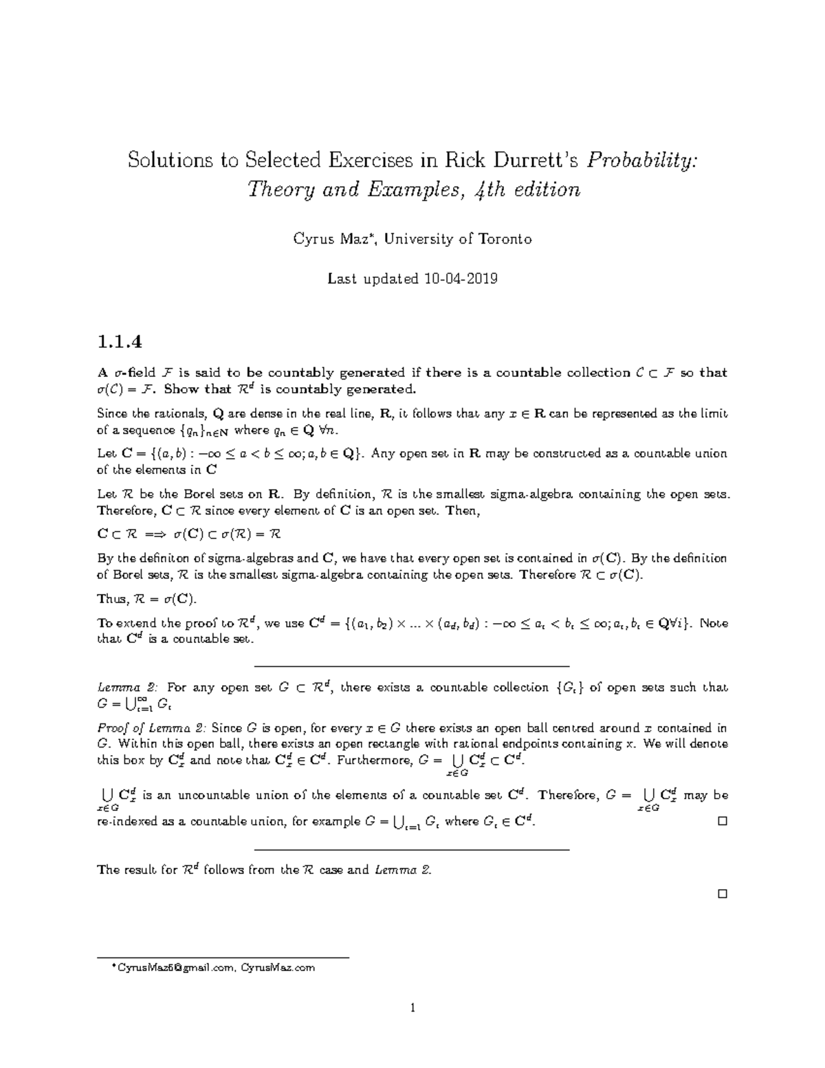 Solutions to Selected Exercises in Rick Durrett’s Probability - A σ ...