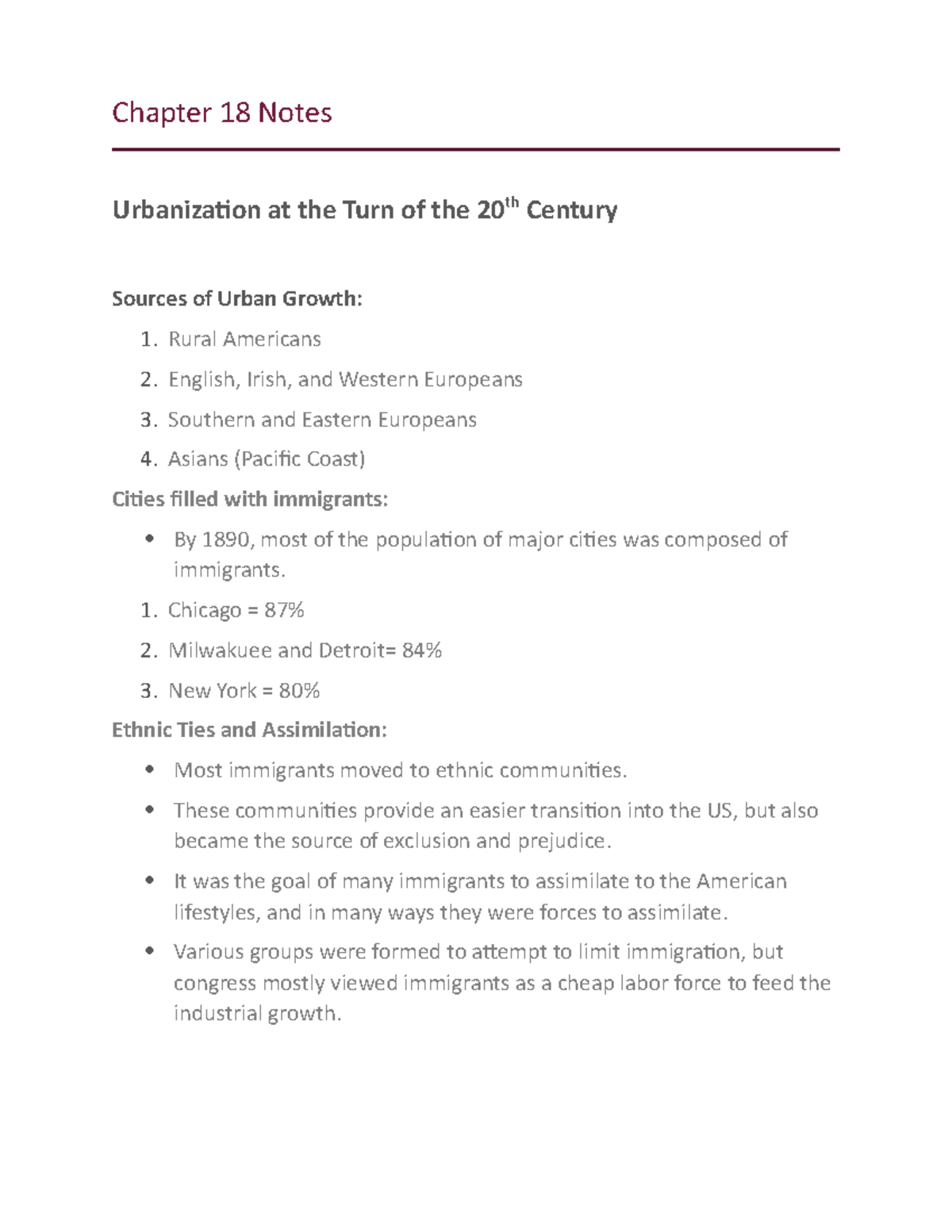 Chapter 18 Notes - Chapter 18 Notes Urbanization at the Turn of the ...