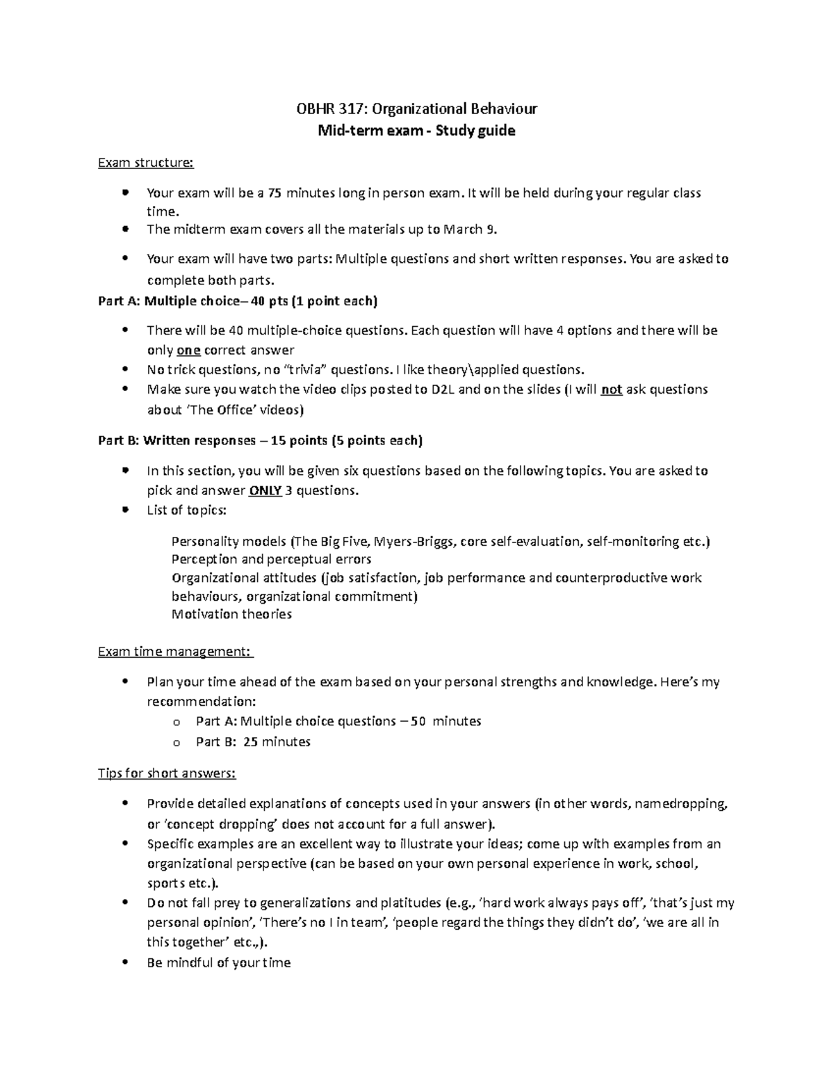 OBHR 317 Midterm exam study guide - OBHR 317: Organizational Behaviour ...