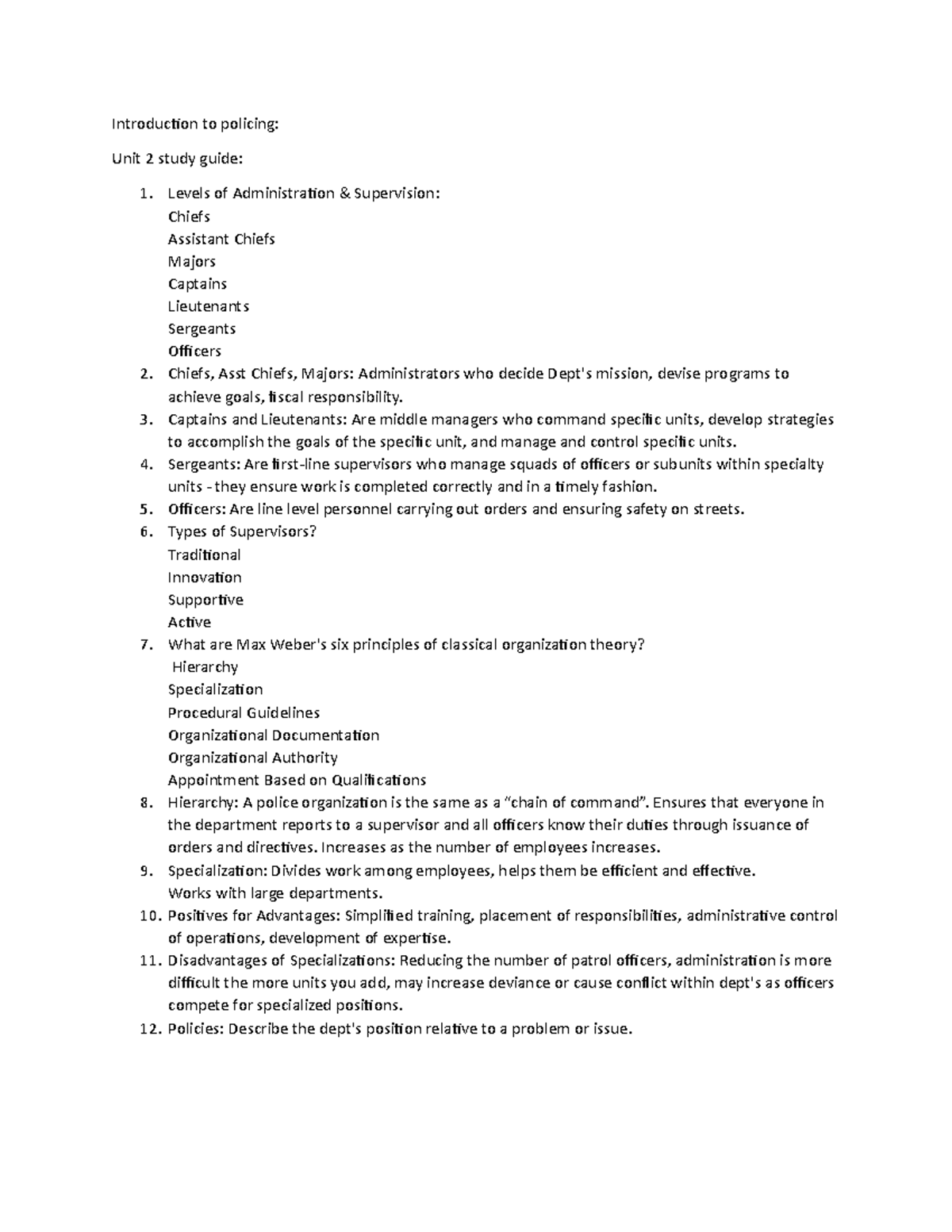 Intro to policing unit 2 study guide - Introduction to policing: Unit 2 ...