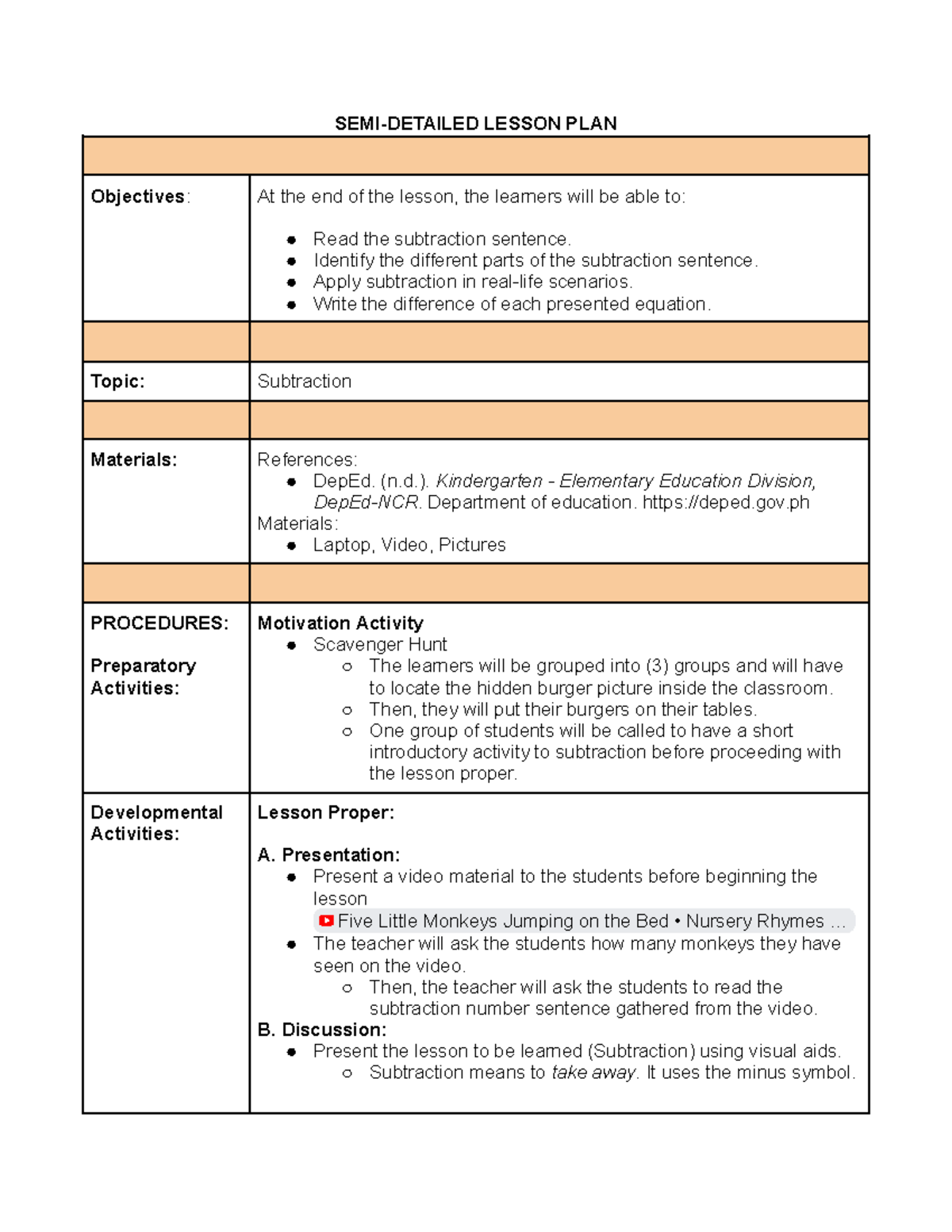 (MATH) Lesson PLAN - SEMI-DETAILED LESSON PLAN Objectives: At the end ...