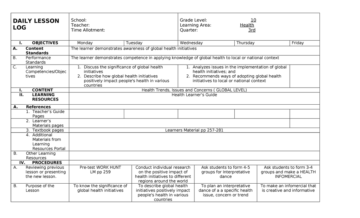 Health 3Q - for educational purposes - DAILY LESSON LOG School: Teacher ...