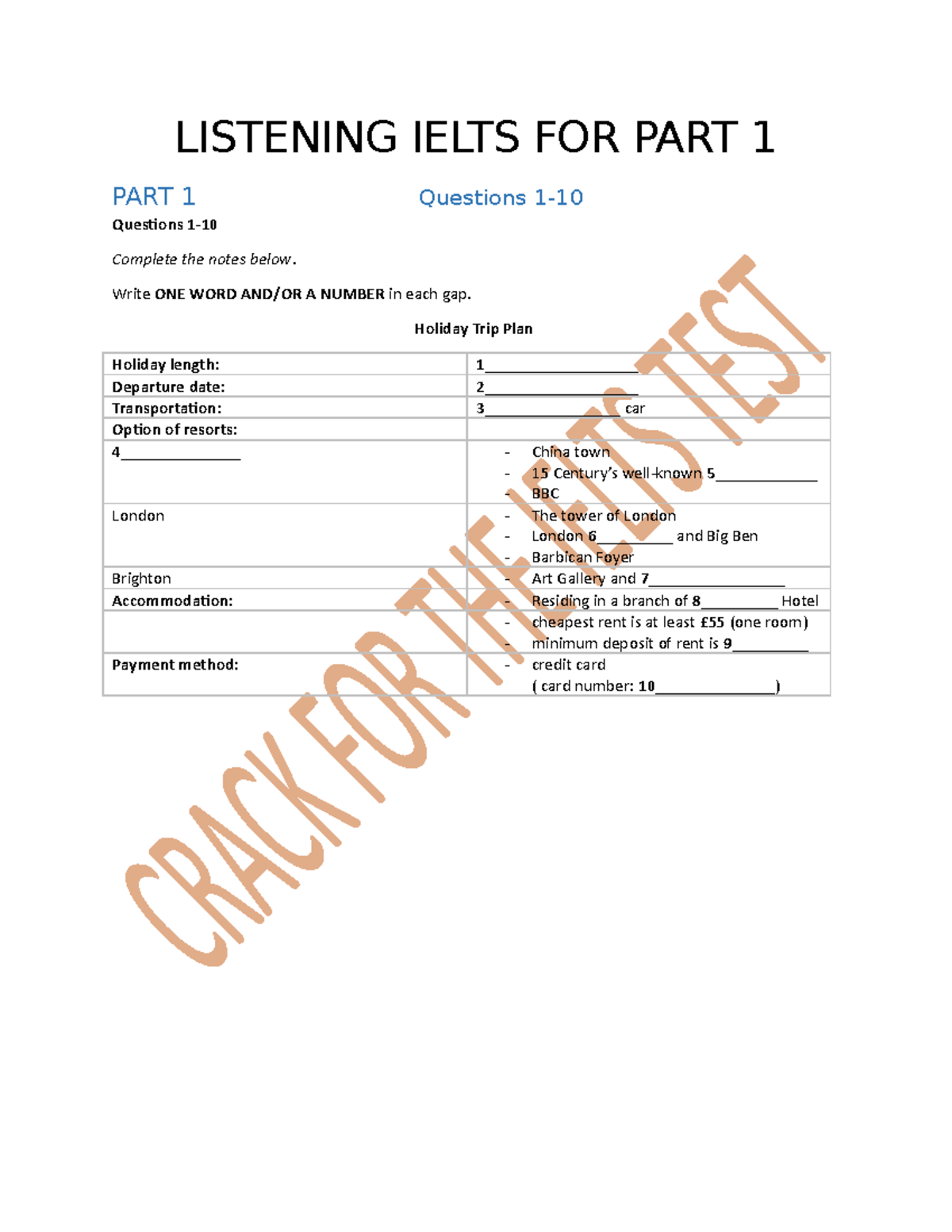 Listening Ielts FOR PART 1 - LISTENING IELTS FOR PART 1 PART 1 ...
