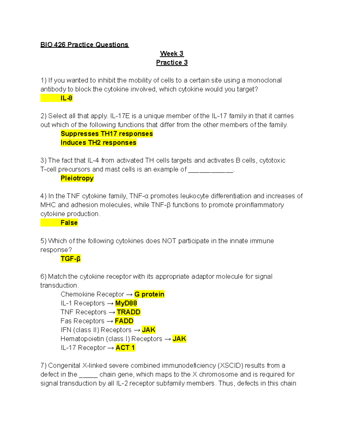 BIO 426 Week 3 Practice Questions BIO 426 Practice Questions Week 3 