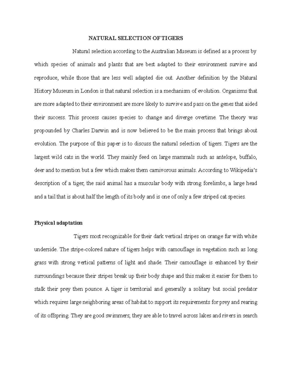 Natural Selection - LAB ACTIVITY - NATURAL SELECTION OF TIGERS Natural ...