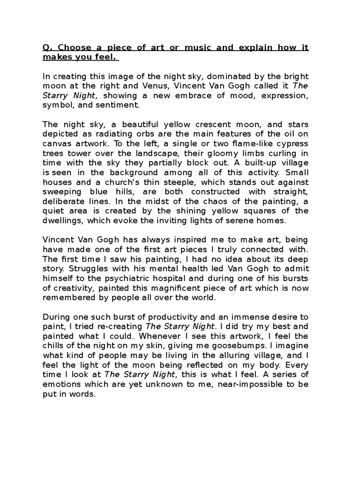 The Starry Night - Q. Choose a piece of art or music and explain how it ...