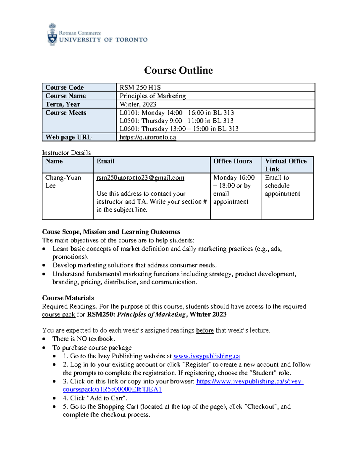 Rsm250h1s-20231(L0101,L0501,L0601) - Course Outline Course Code RSM 250 ...