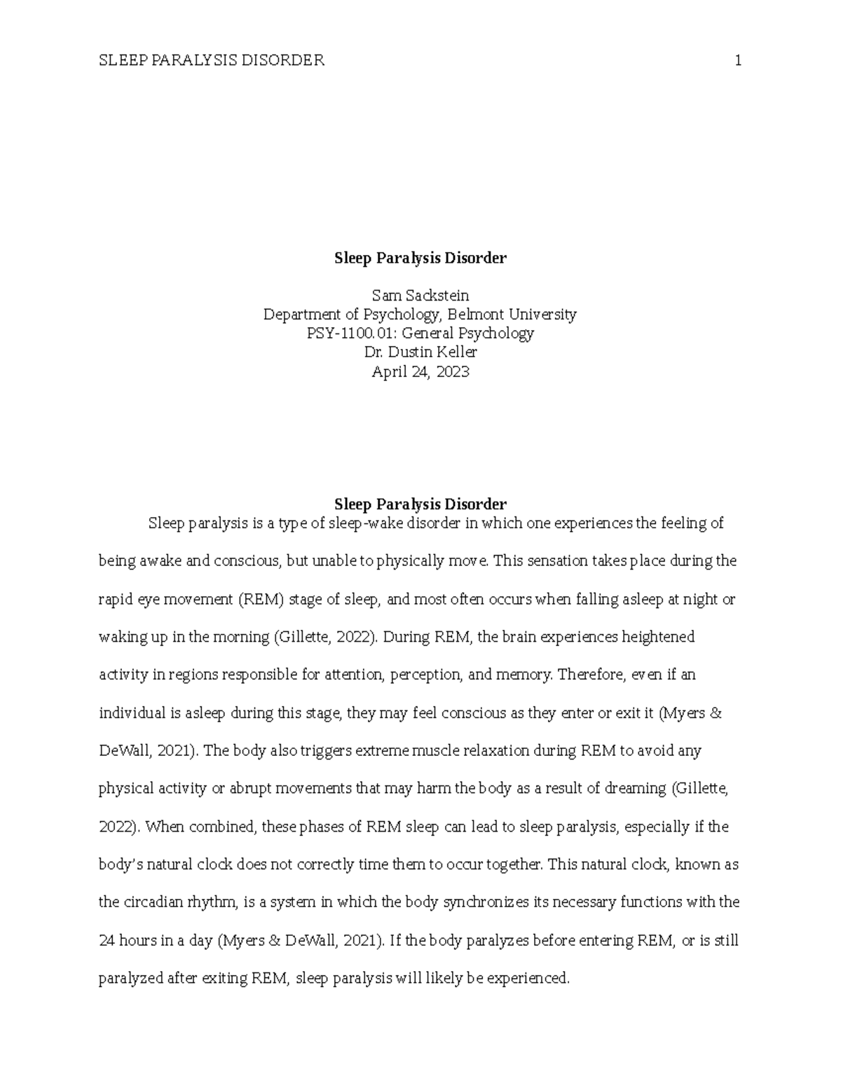 Sleep Paralysis Disorder Final Paper - Sleep Paralysis Disorder Sam ...