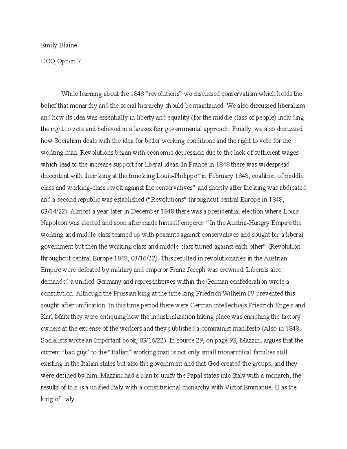 DCQ 7 - Essay Paper - Emily Blaine DCQ Option 7 While learning about ...