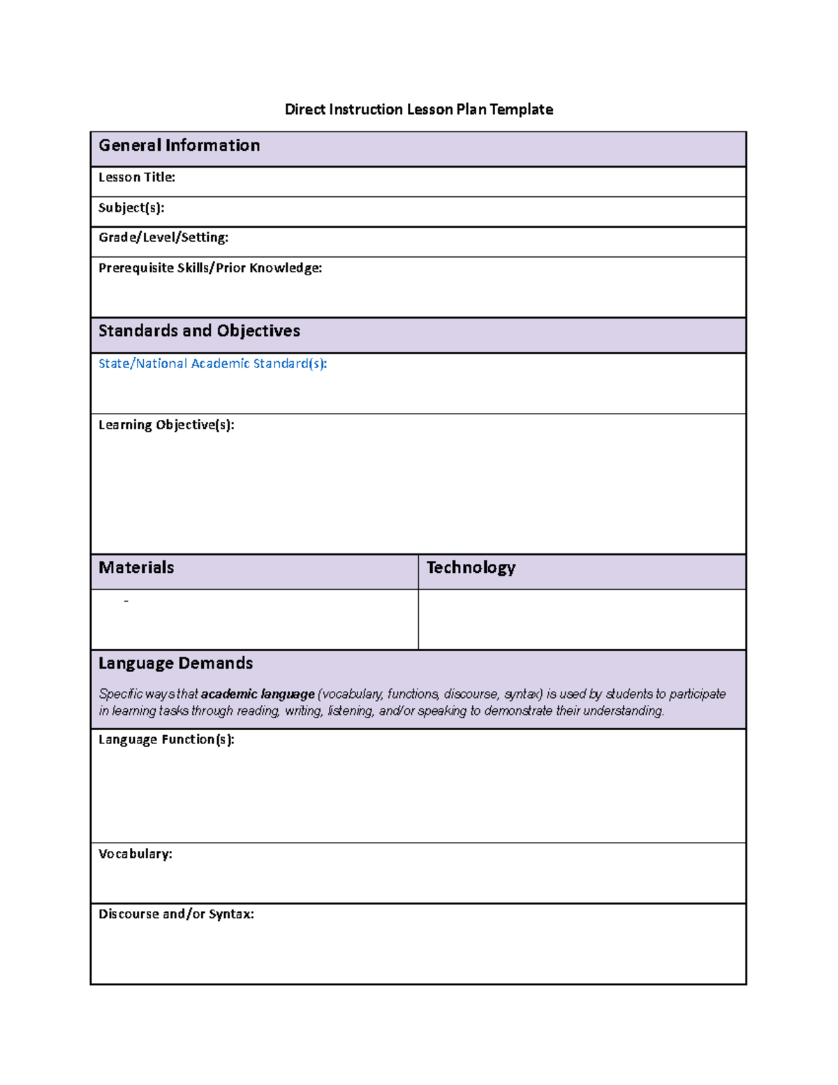 direct instruction lesson plan template - Direct Instruction Lesson Plan Template General - Studocu