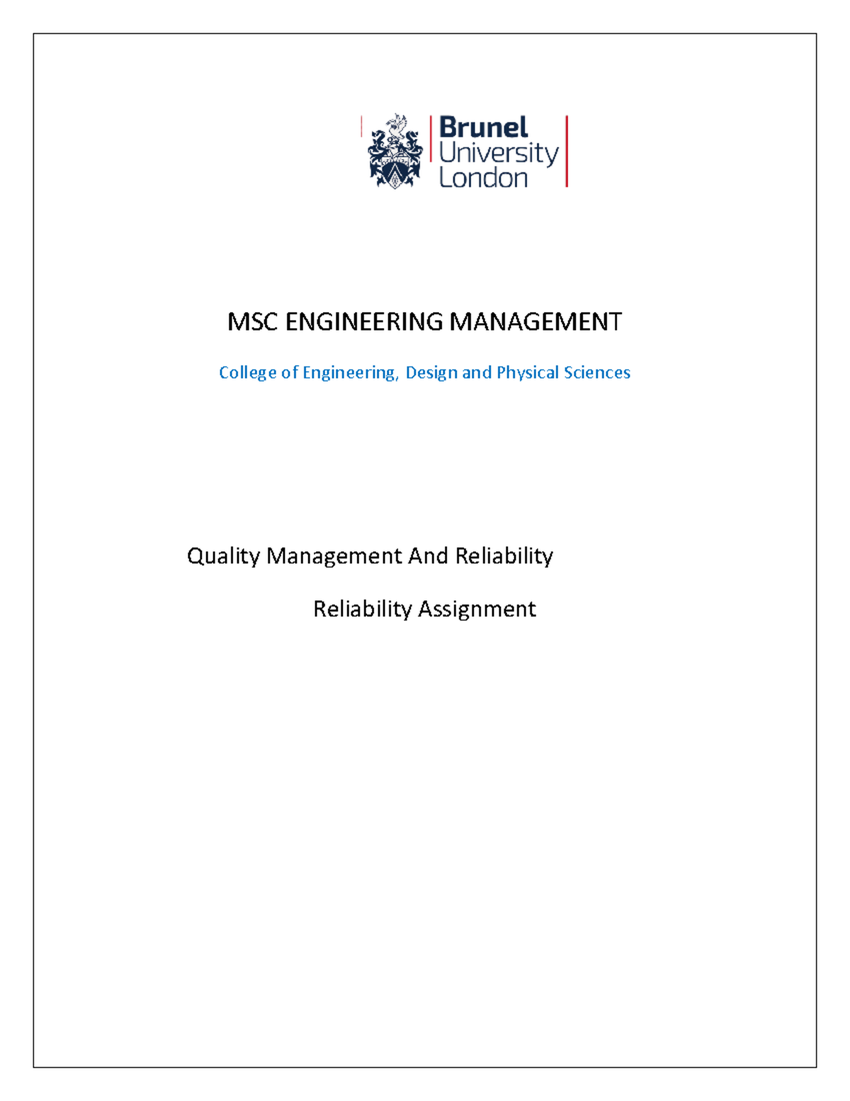 Reliablity assignment - MSC ENGINEERING MANAGEMENT College of ...