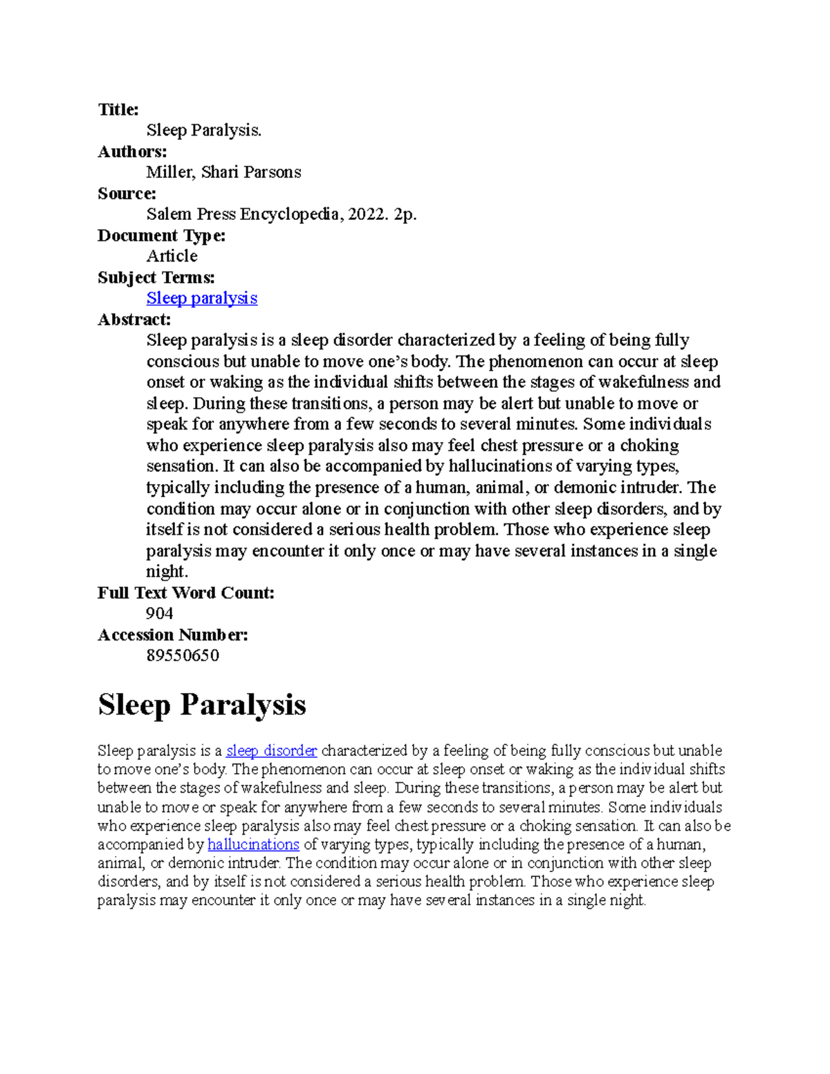Sleep Paralysis - notes - Title: Sleep Paralysis. Authors: Miller ...