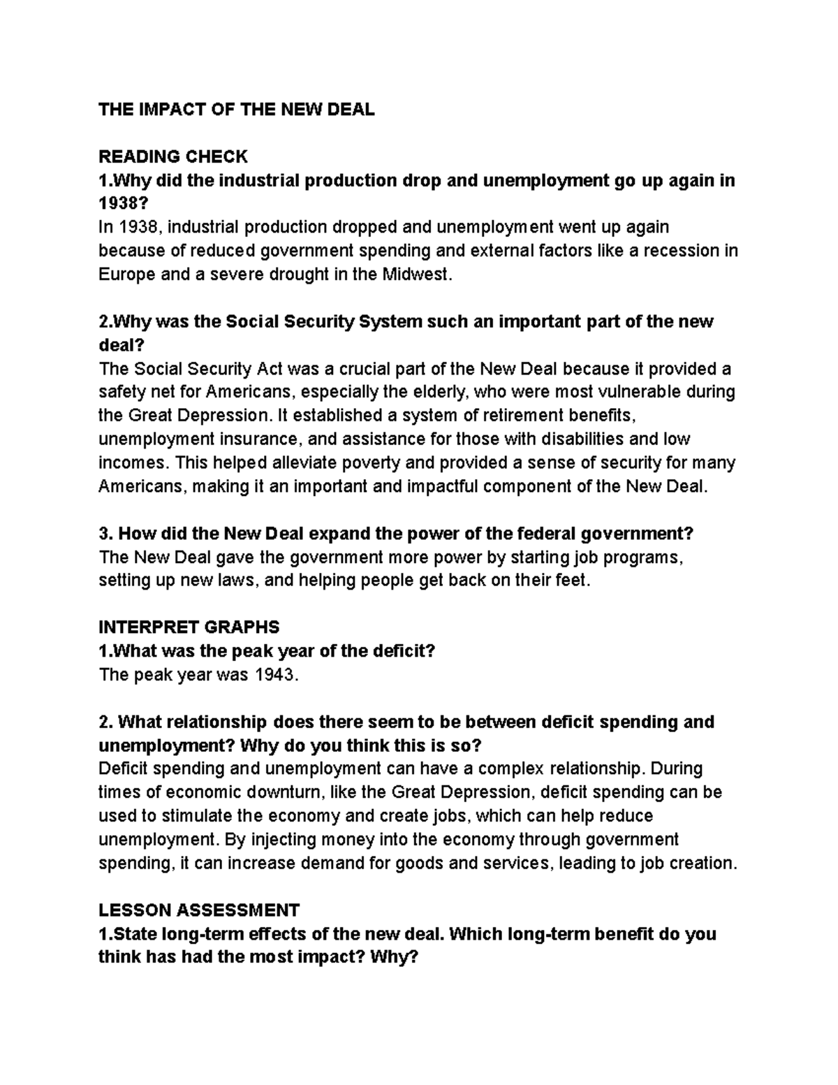 US History WEEK 2 - THE IMPACT OF THE NEW DEAL READING CHECK 1 did the ...