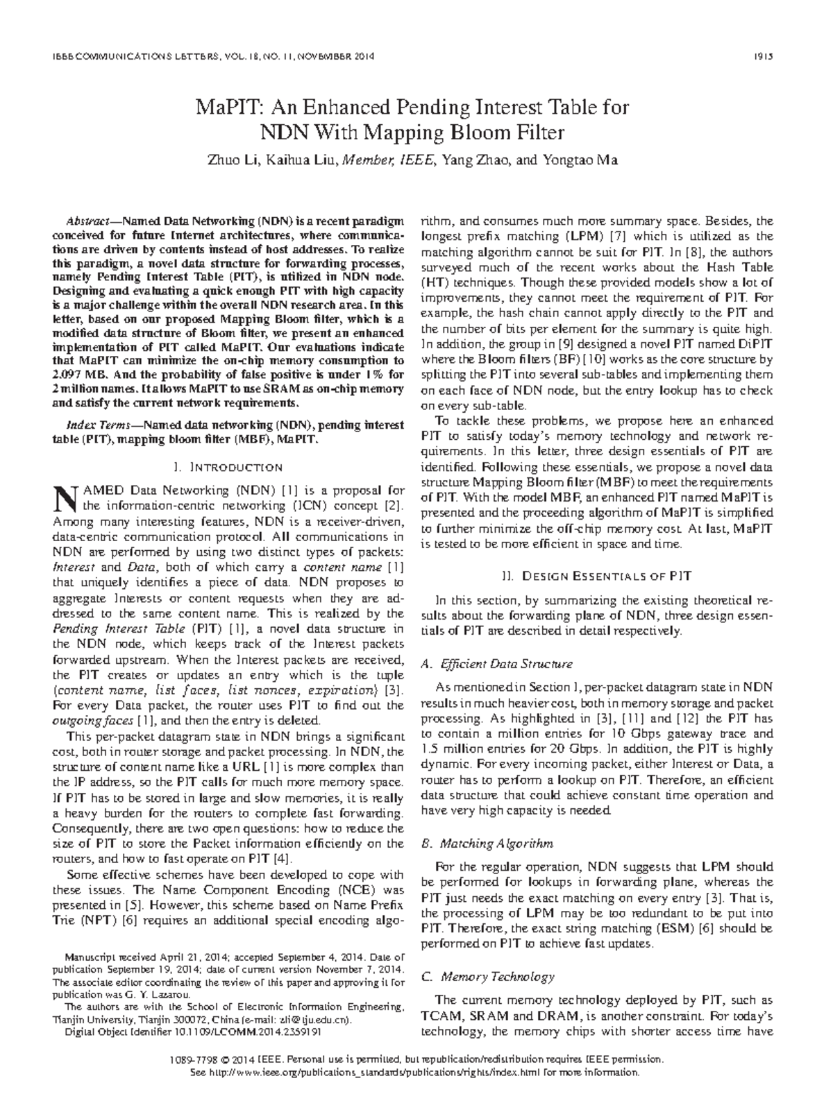 Ma PIT An Enhanced Pending Interest Table for NDN With Mapping Bloom ...